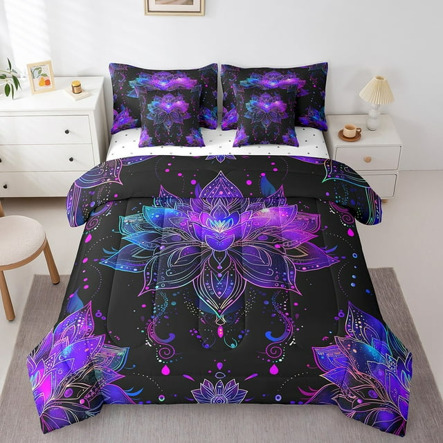 Exotic Lotus Comforter Set 7 Piece Bed in a Bag Twin,Bohemian Psychedelic Flowers Bedding Sets ...