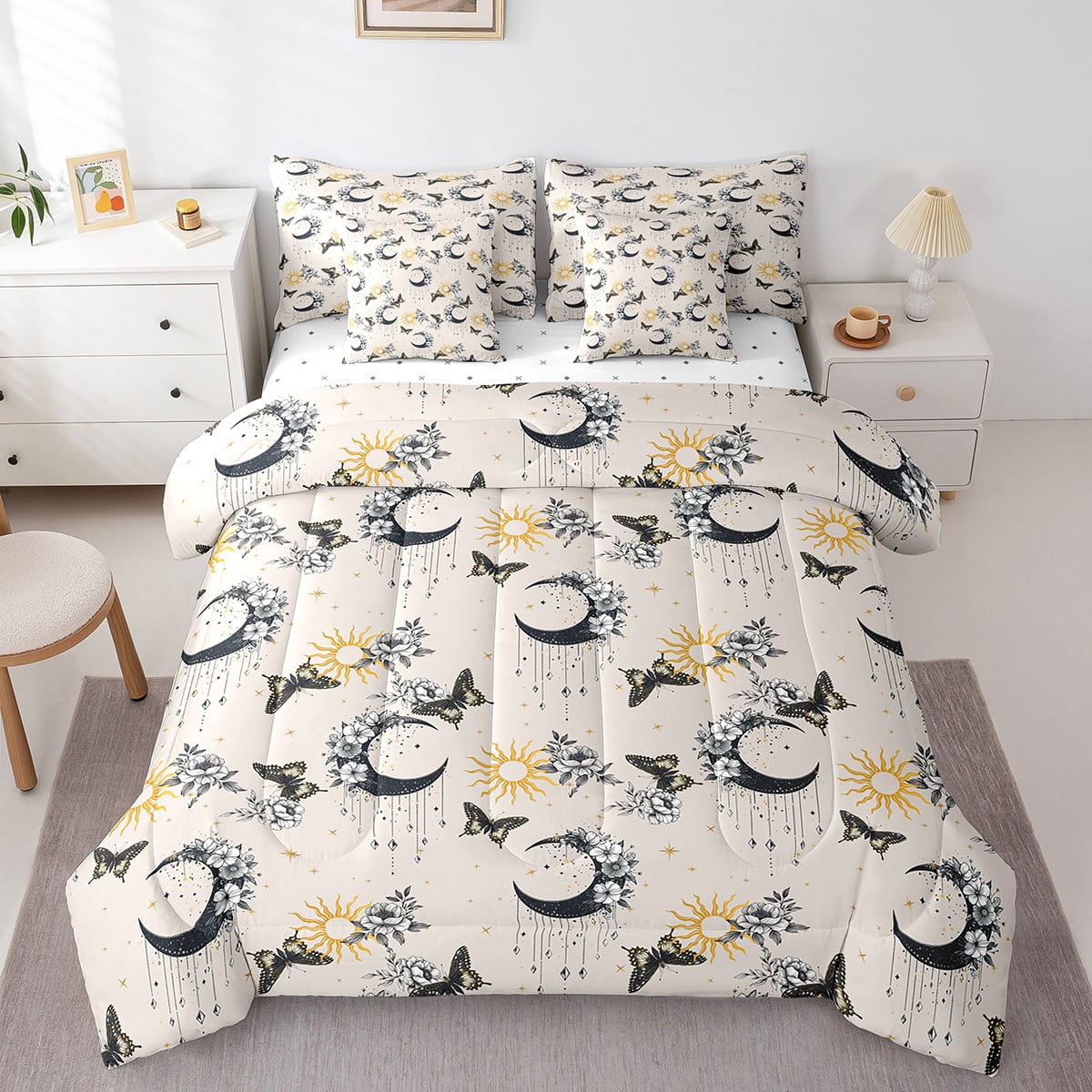 Exotic Moon Bedding Sets 7 Pcs Queen Wild Butterfly Yellow Boho Sun ...