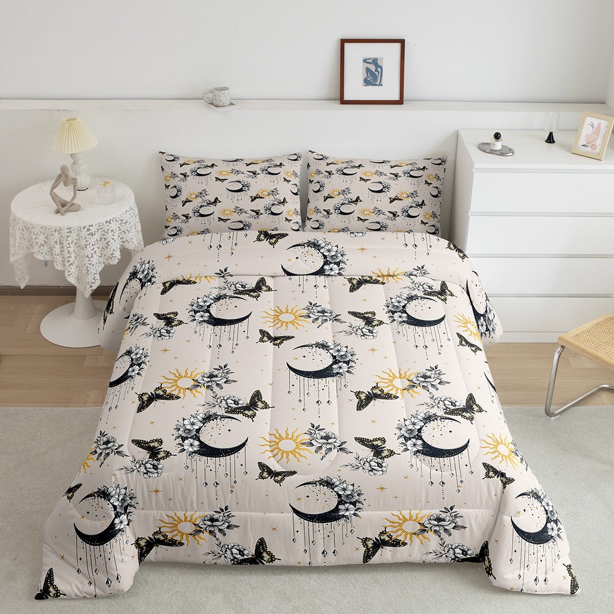Exotic Moon Comforter Set Full Size 3 Pcs,Wild Butterfly Yellow Boho Sun Bedding Set for Kids ...