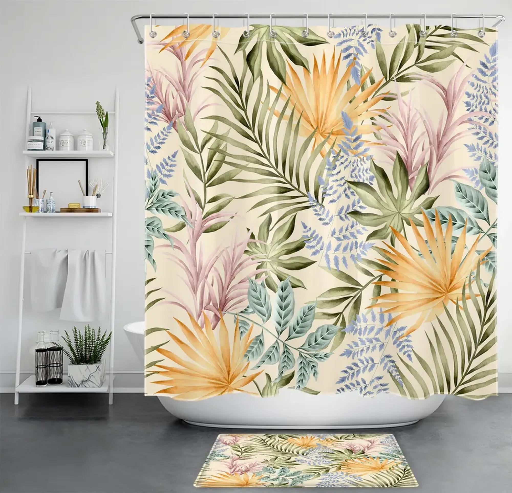 Exotic Oasis Pink And Green Tropical Leaf Shower Curtain Set Elevate