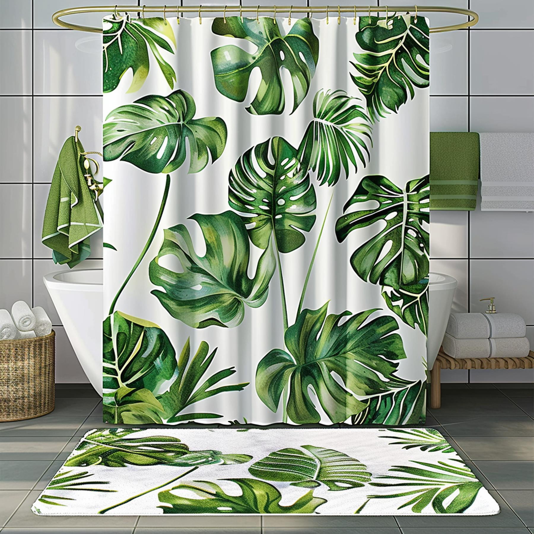 Exotic Oasis Shower Curtain Set Lush Green Monstera And Palm Leaves