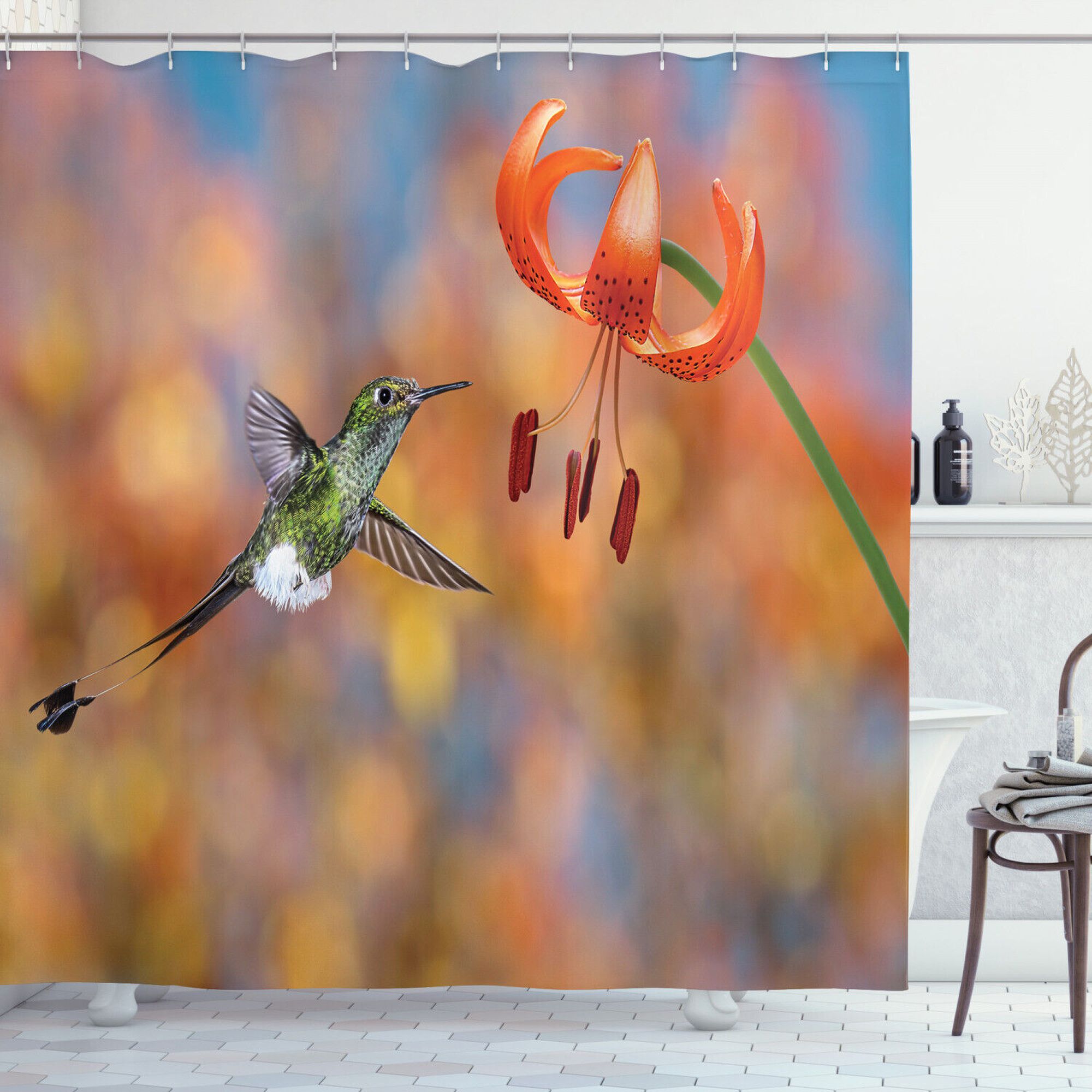 Exotic Oasis Shower Curtain featuring Vibrant Boot Racket-Tail Bird and ...