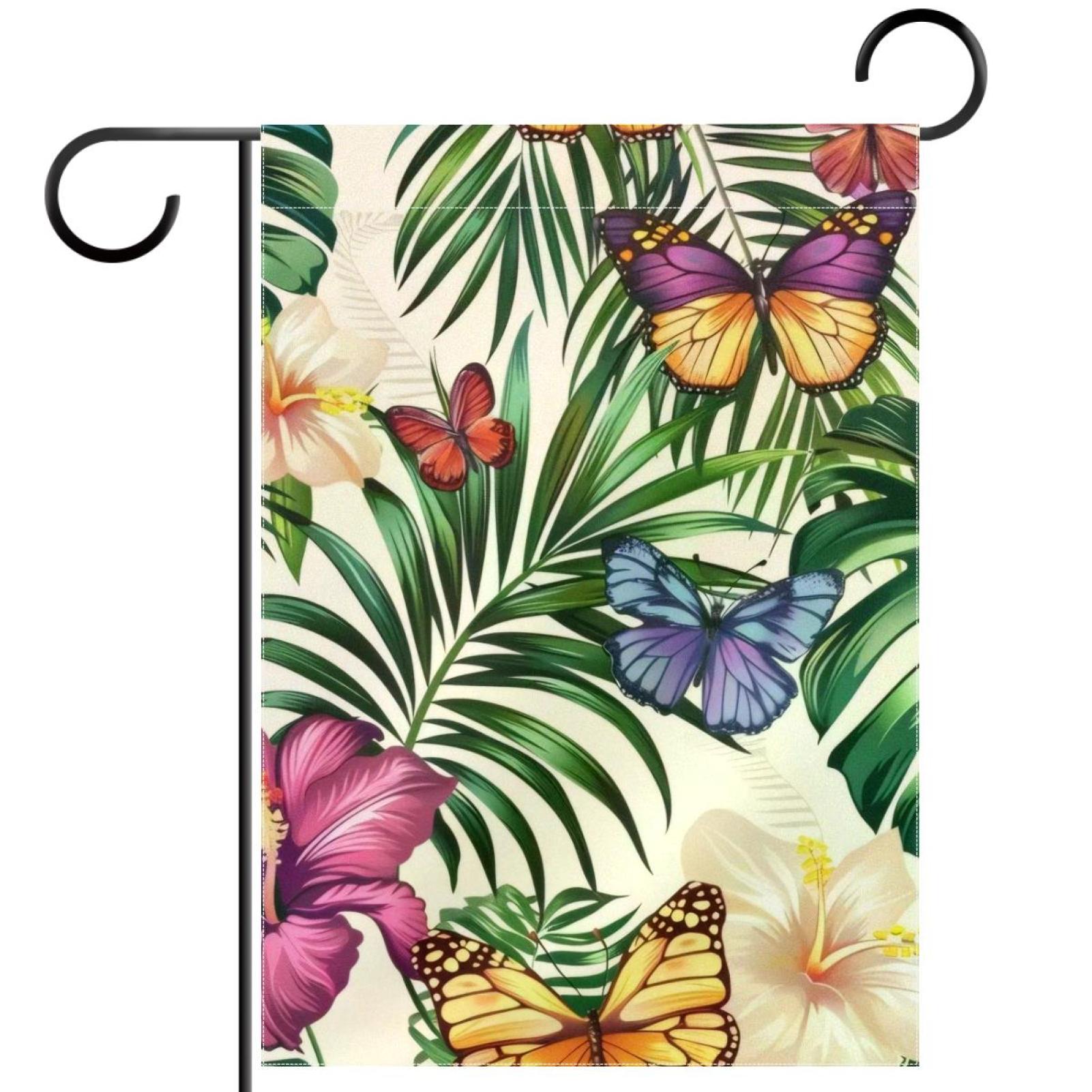 Exotic Palm Leaves Tropical Flowers and Butterflies Garden Flag Double ...