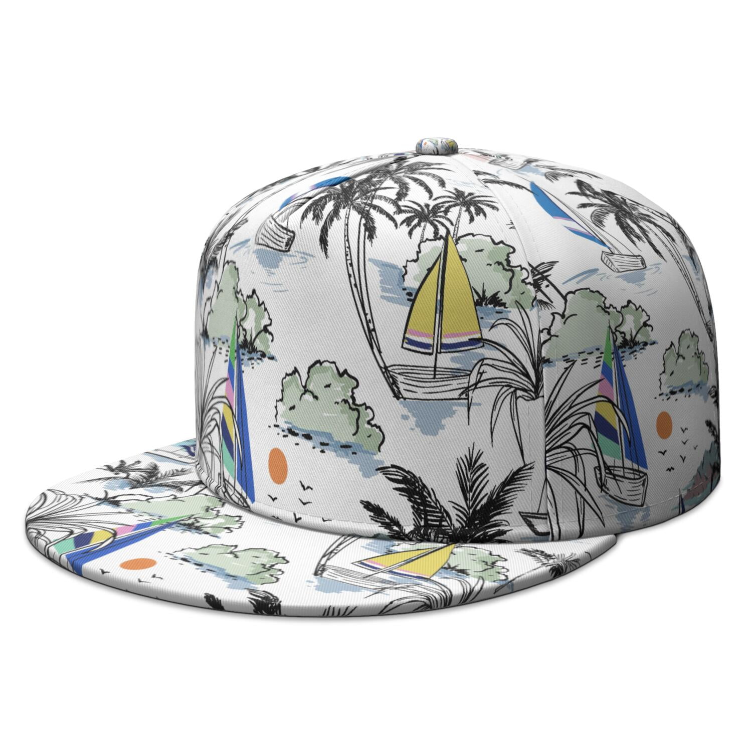 Exotic Palm Tree Flat Brim Hat - Hawaiian Beach Landscape Adjustable ...