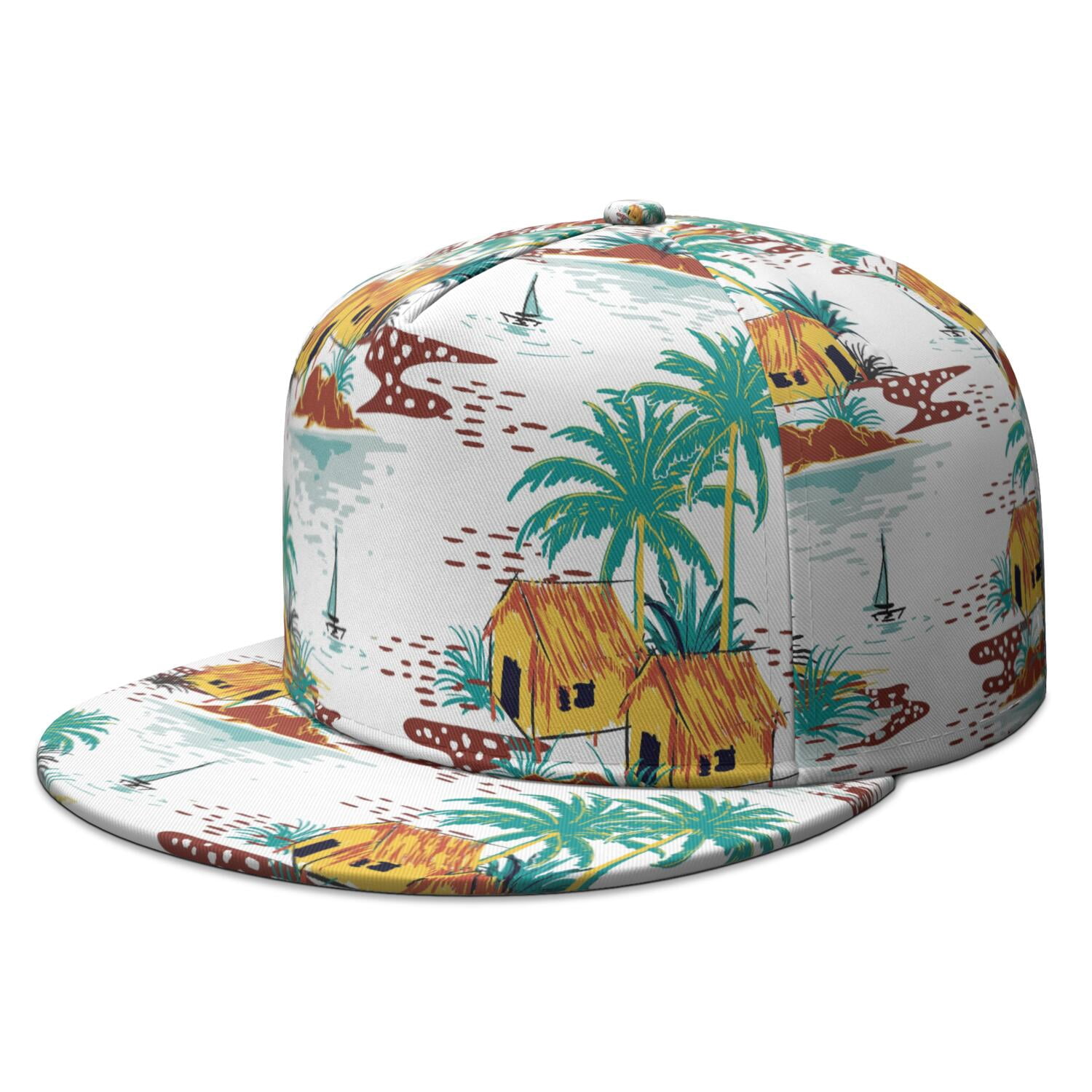 Exotic Palm Tree Flat Brim Hat - Hawaiian Beach Landscape Adjustable ...