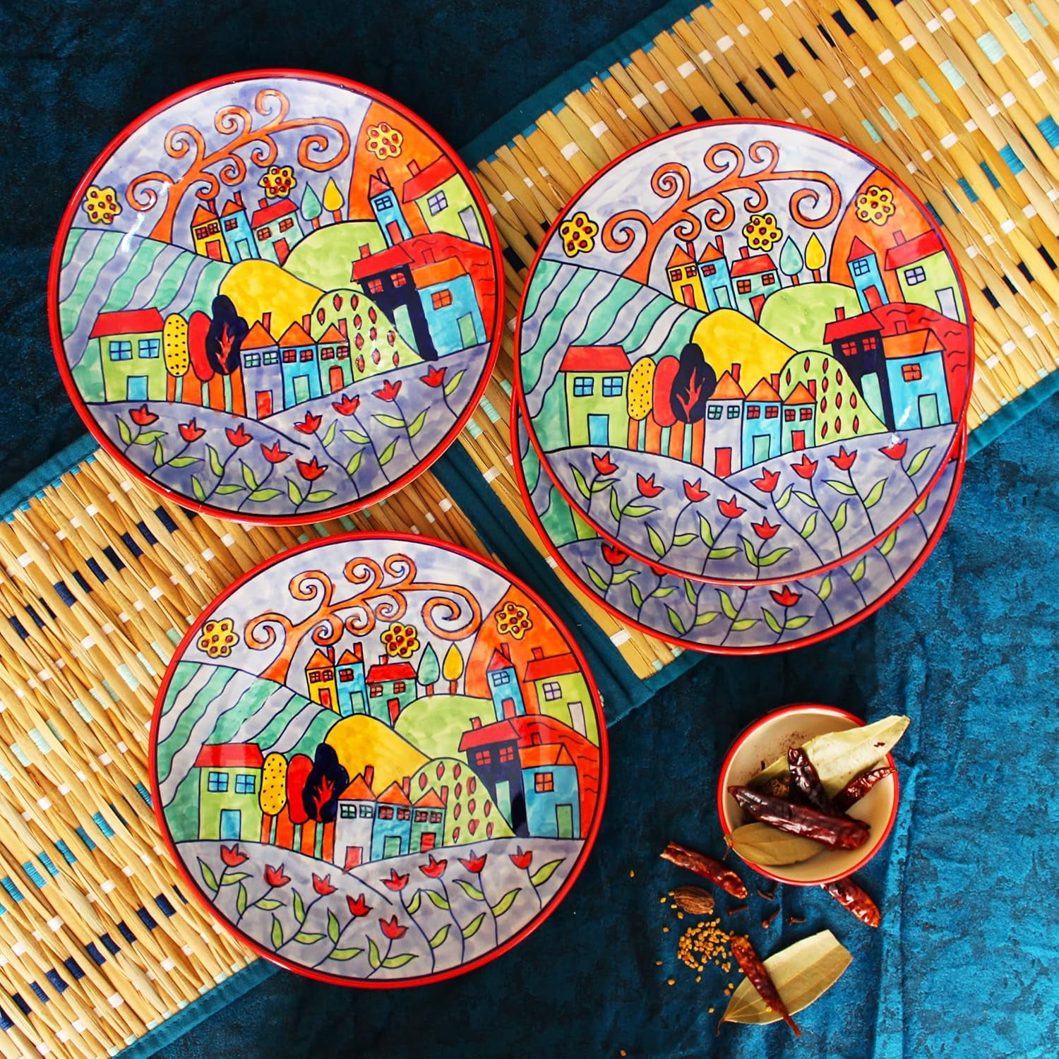 Exotic Panorama Ceramic Dinner Plates Set Of 4 | Hand Painted Full ...