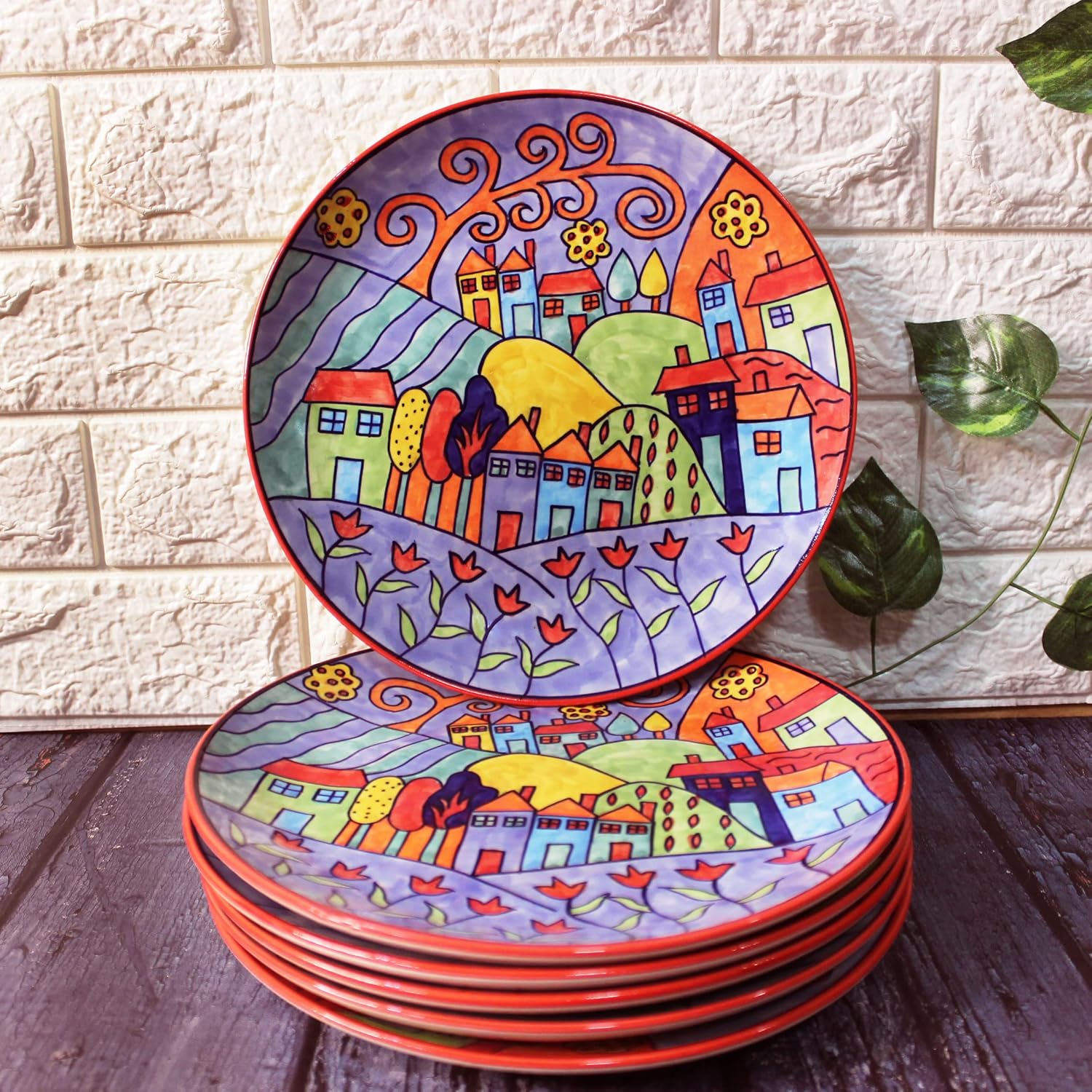 Exotic Panorama Ceramic Dinner Plates Set Of 6 | Hand Painted Full ...