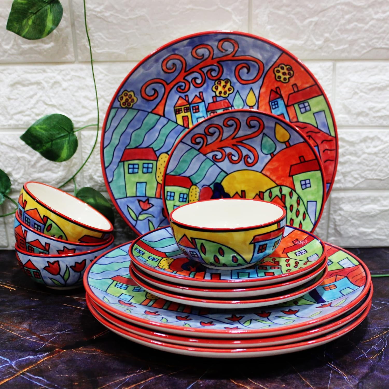 Exotic Panorama Hand Painted Ceramic Dinner Set - 12 Pieces | 4 Dinner ...