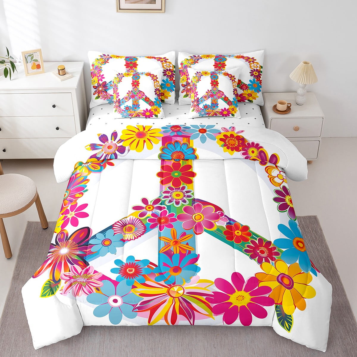 Exotic Peace Sign Comforter Set,7 Pieces Bohemian 60S 70S Groovy Flower ...