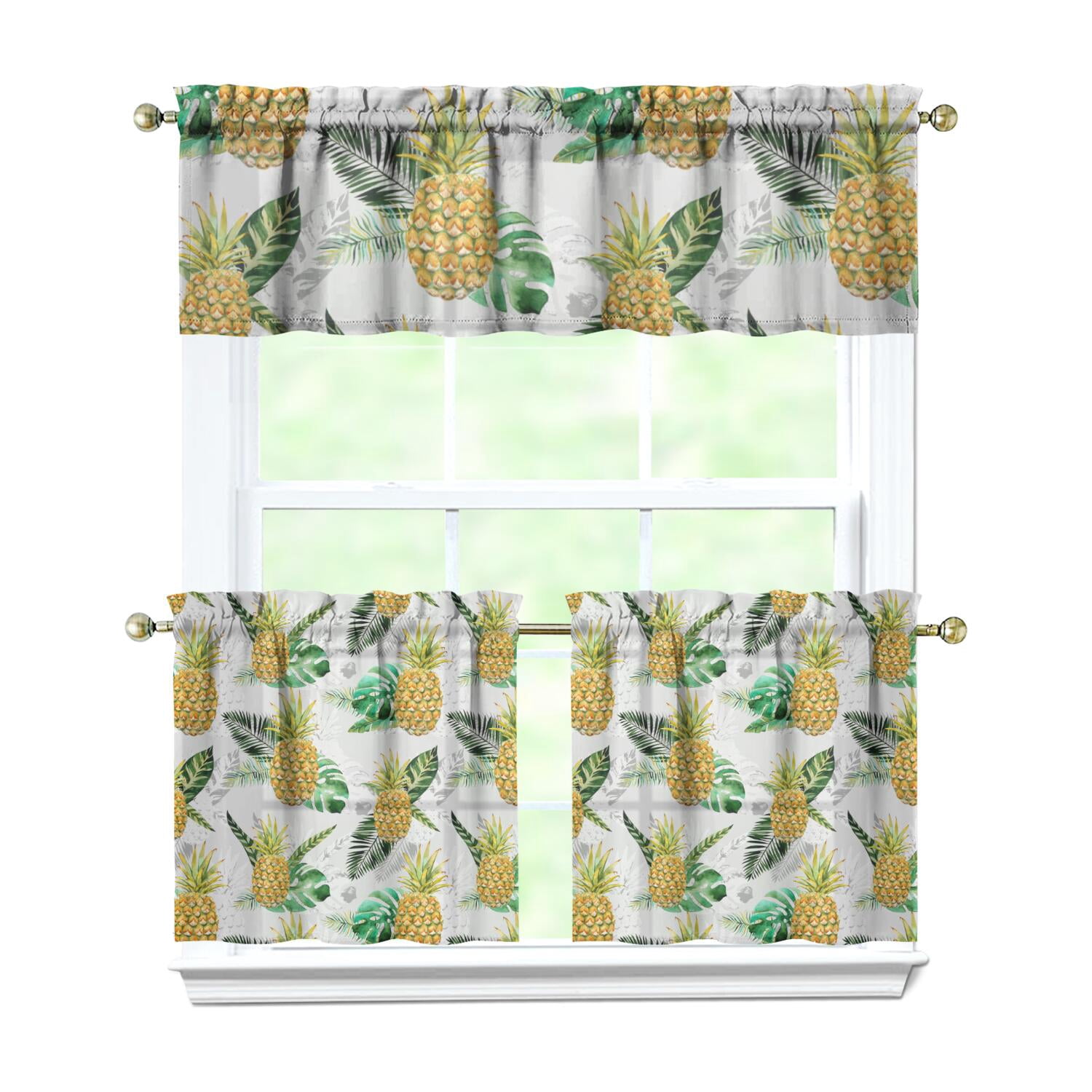 Exotic Pineapple Kitchen Curtains Set 3 Pcs Tropical Tier Curtains