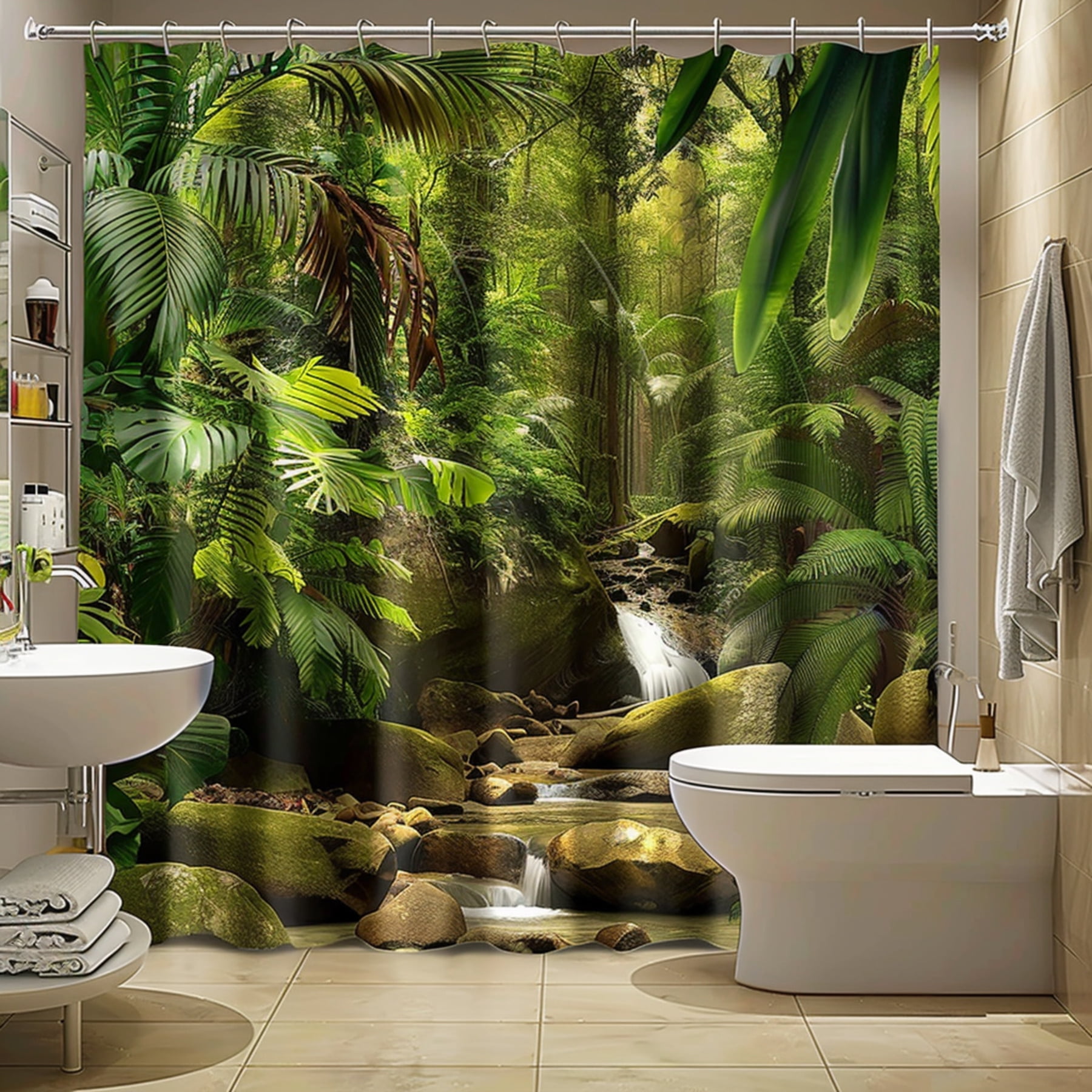 Exotic Rainforest Shower Curtain Vibrant Jungle Design with Stone ...