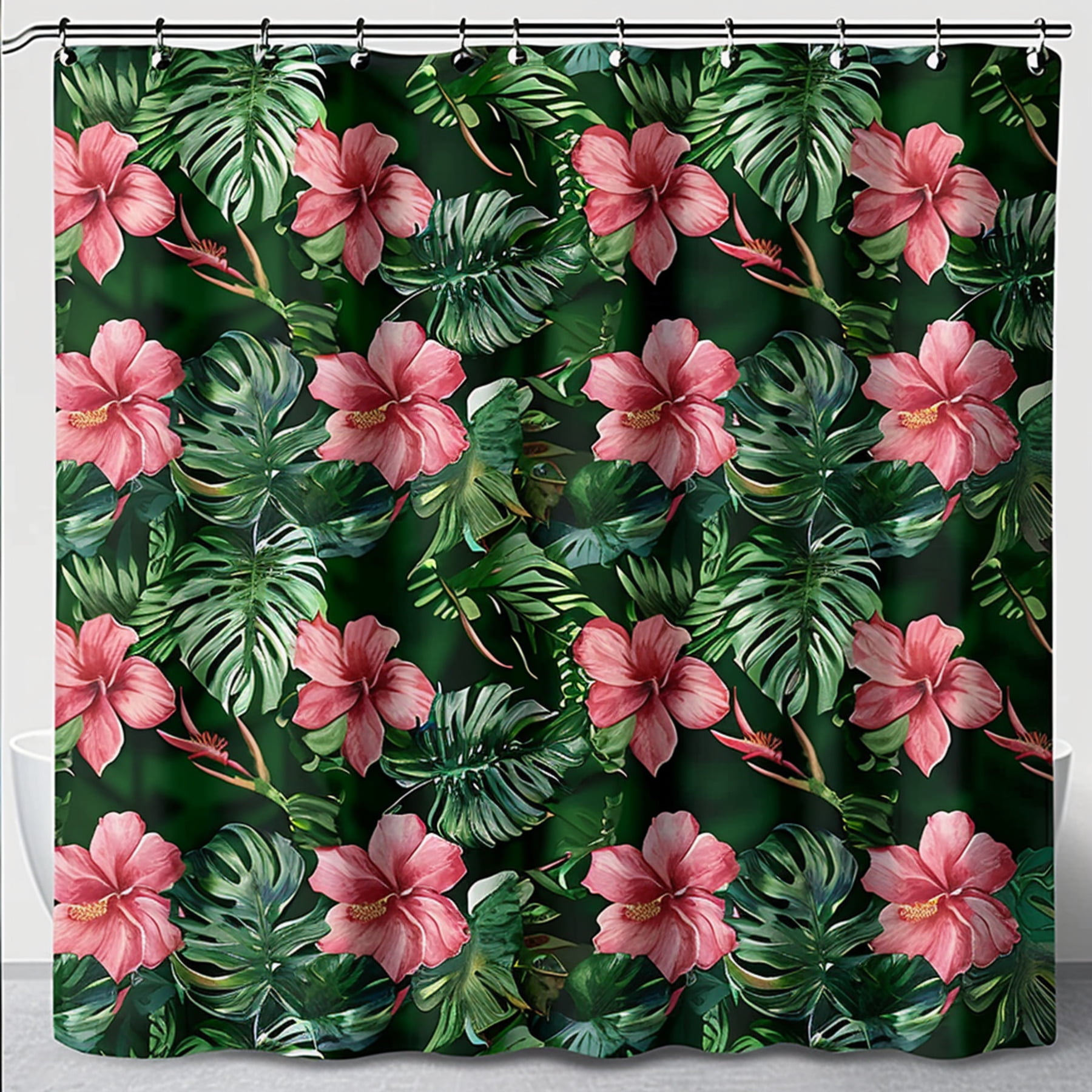 Exotic Realism Tropical Rainforest Shower Curtain Set Hibiscus Monstera