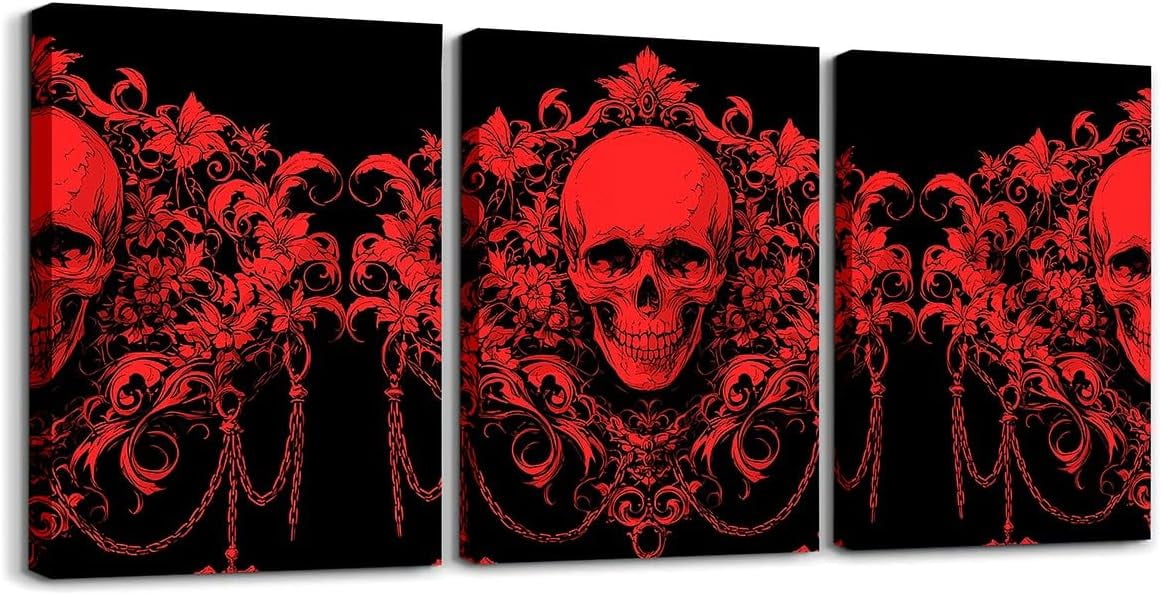 Exotic Sugar Skull Canvas Wall Art Set of 3,Bohemian White Damask Wall ...