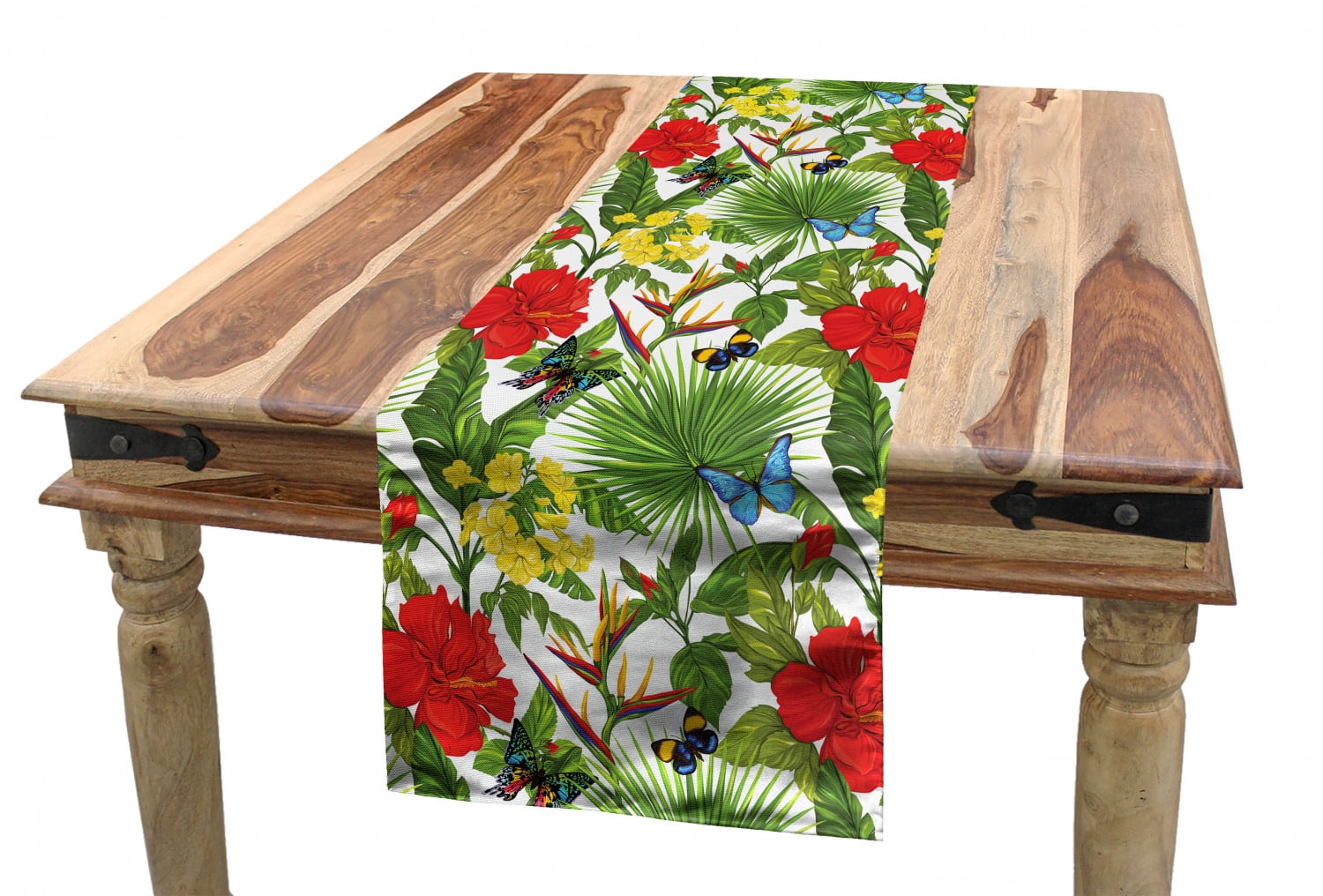 Exotic Table Runner, Colorful Butterflies Hibiscus Flower Strelitzia ...