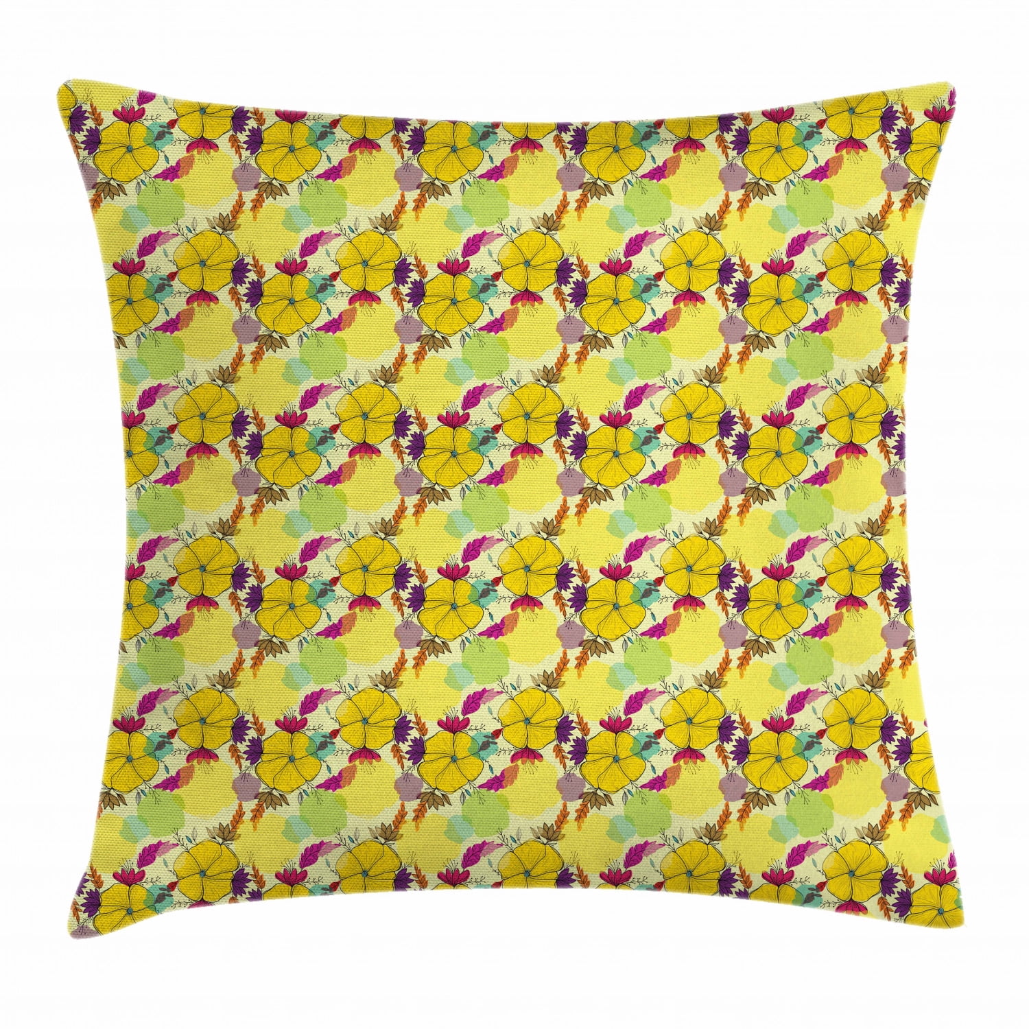 Exotic Throw Pillow Cushion Cover, Vibrant Summer Blossoms Doodle Art ...