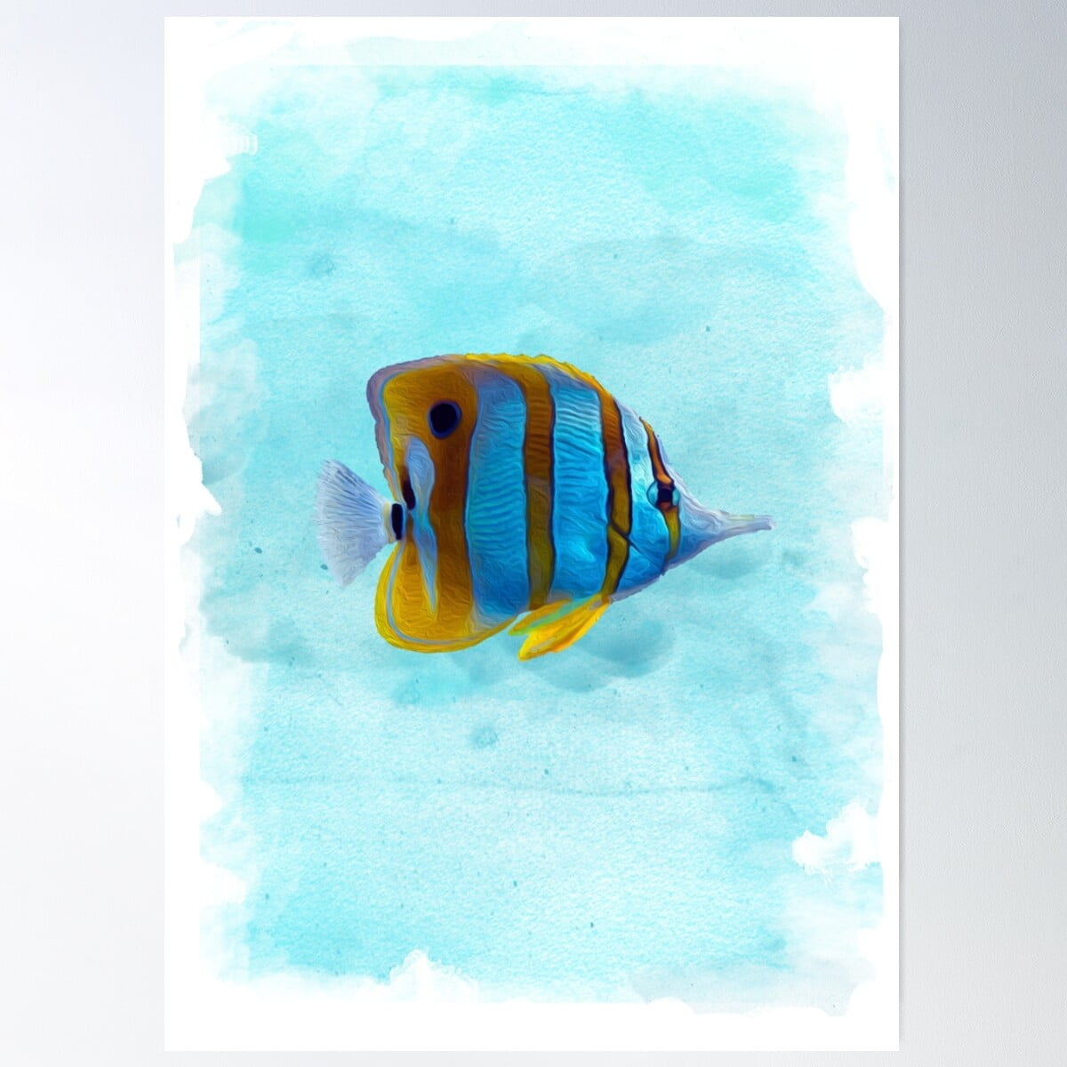 Exotic Tropical Blue Fish Drawing Poster Wall Art, Modern Wall Decor ...