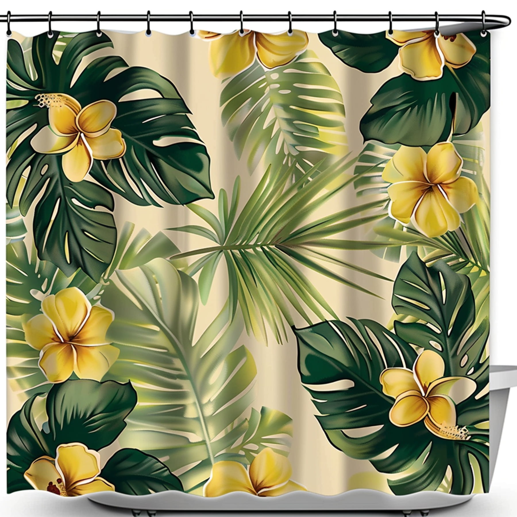 Exotic Tropical Floral Shower Curtain Set Beige Background With Yellow