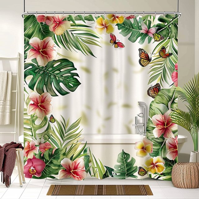 Exotic Tropical Floral Shower Curtain Set Vibrant Butterfly Design