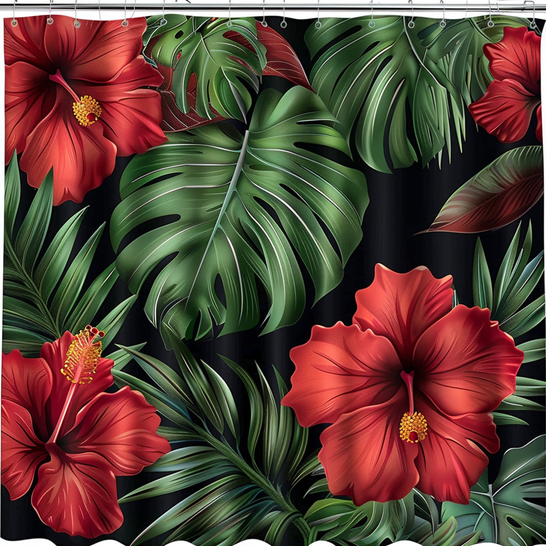 Exotic Tropical Floral Shower Curtain With Hibiscus And Palm Leaves On