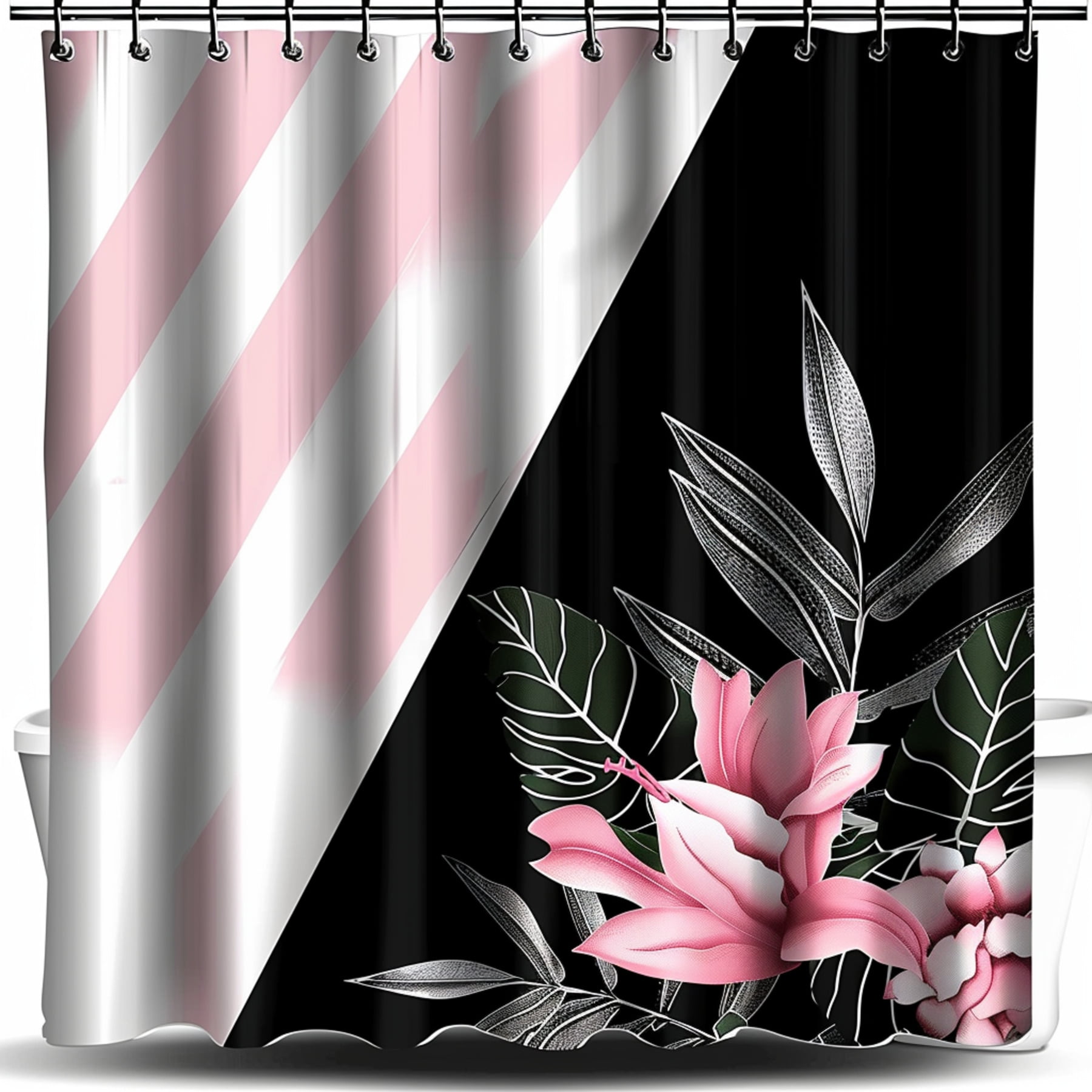 Exotic Tropical Floral Shower Curtain With Striped Design