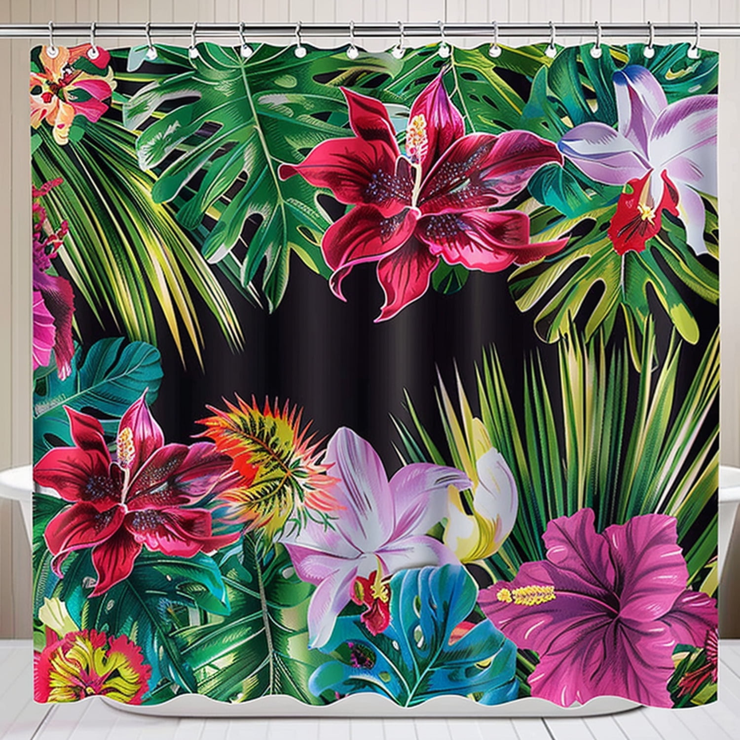 Exotic Tropical Flower Shower Curtain Vibrant Design With Lush Leaves