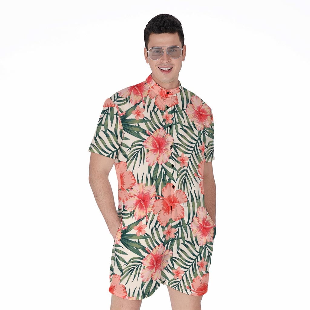 Exotic Tropical Hibiscus Pattern Short Sleeve Men'S Rompers, Aloha ...