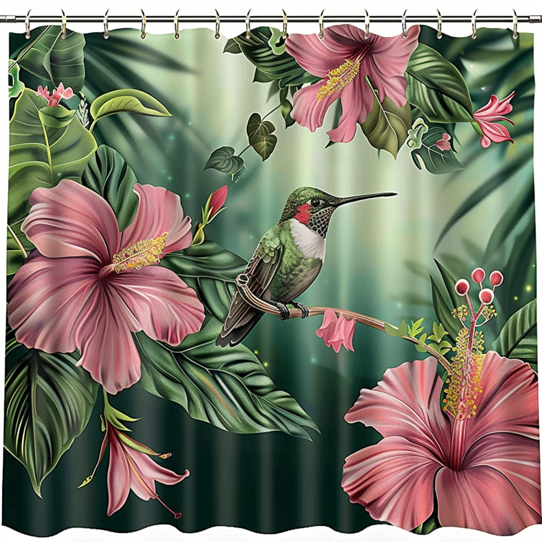 Exotic Tropical Hibiscus Shower Curtain With Hummingbirds Vibrant