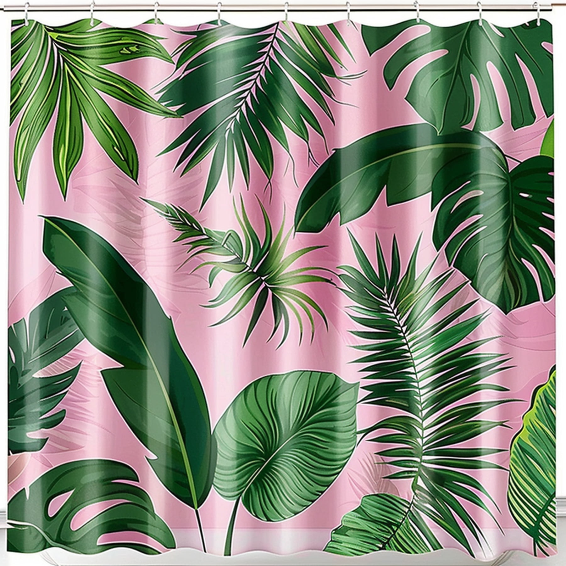 Exotic Tropical Jungle Shower Curtain Set Pink Green Foliage Bathroom