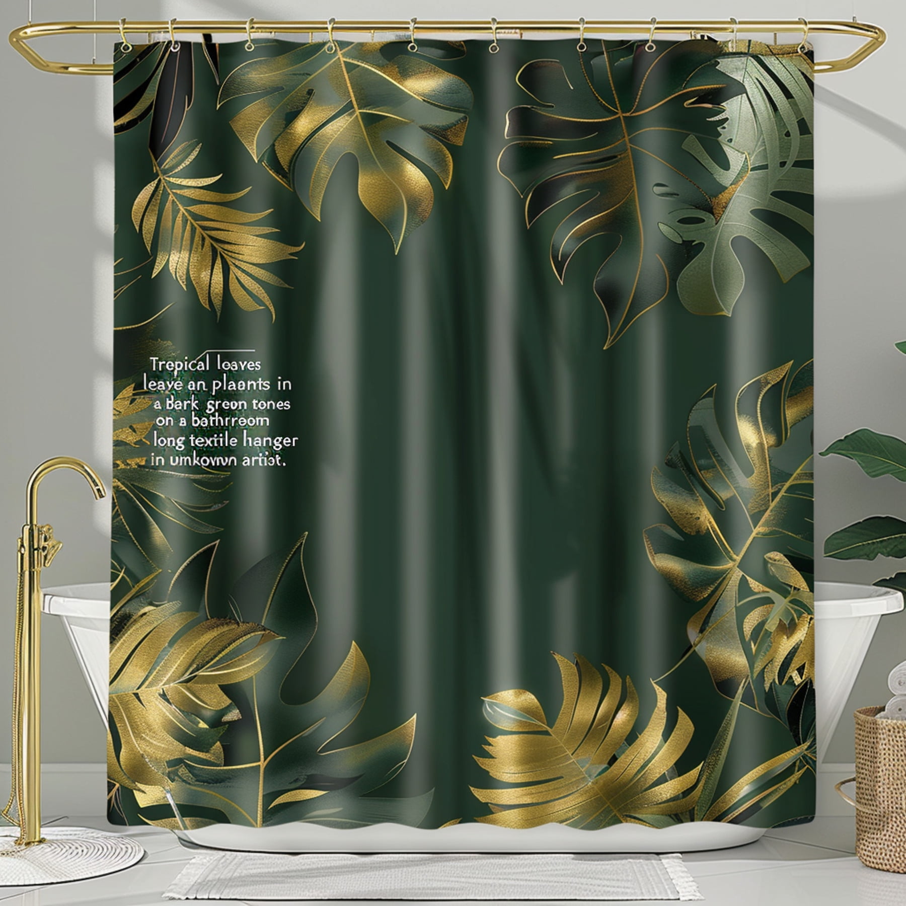 Exotic Tropical Leaves Shower Curtain Set Elegant Golden Tones Dark ...
