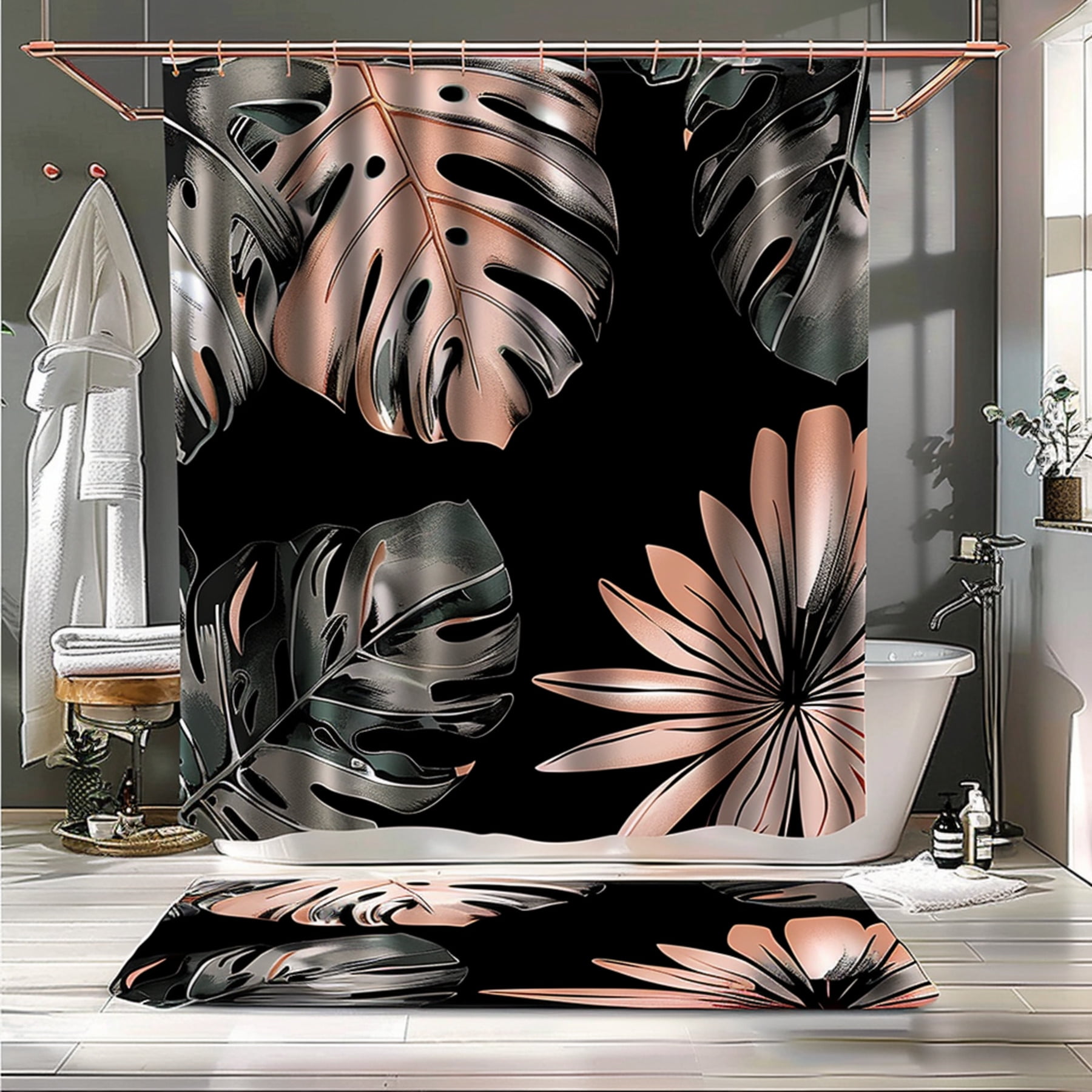 Exotic Tropical Leaves Shower Curtain Set Monstera And Palm Pattern Pink