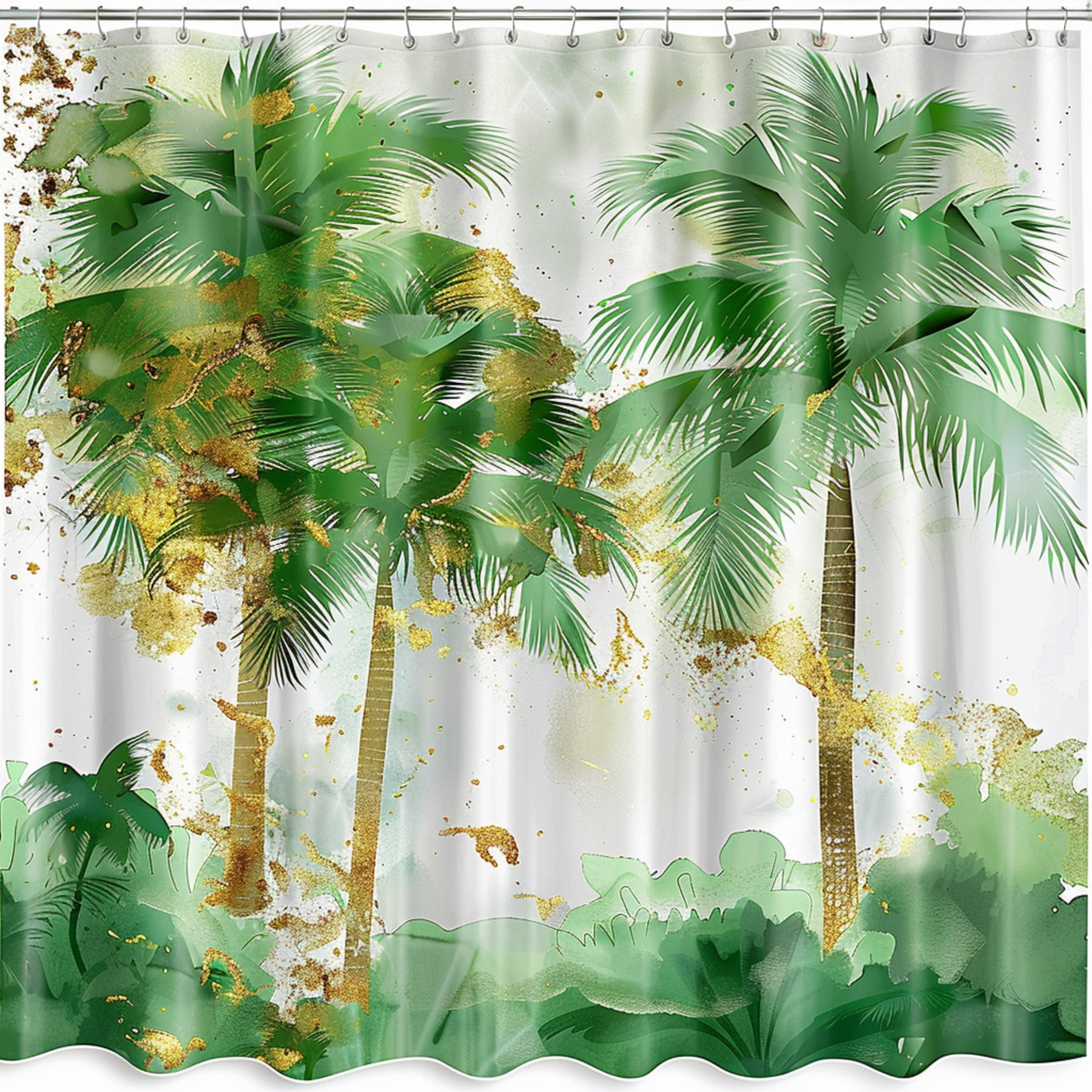 Exotic Tropical Paradise Shower Curtain Set Watercolor Green Palm Trees