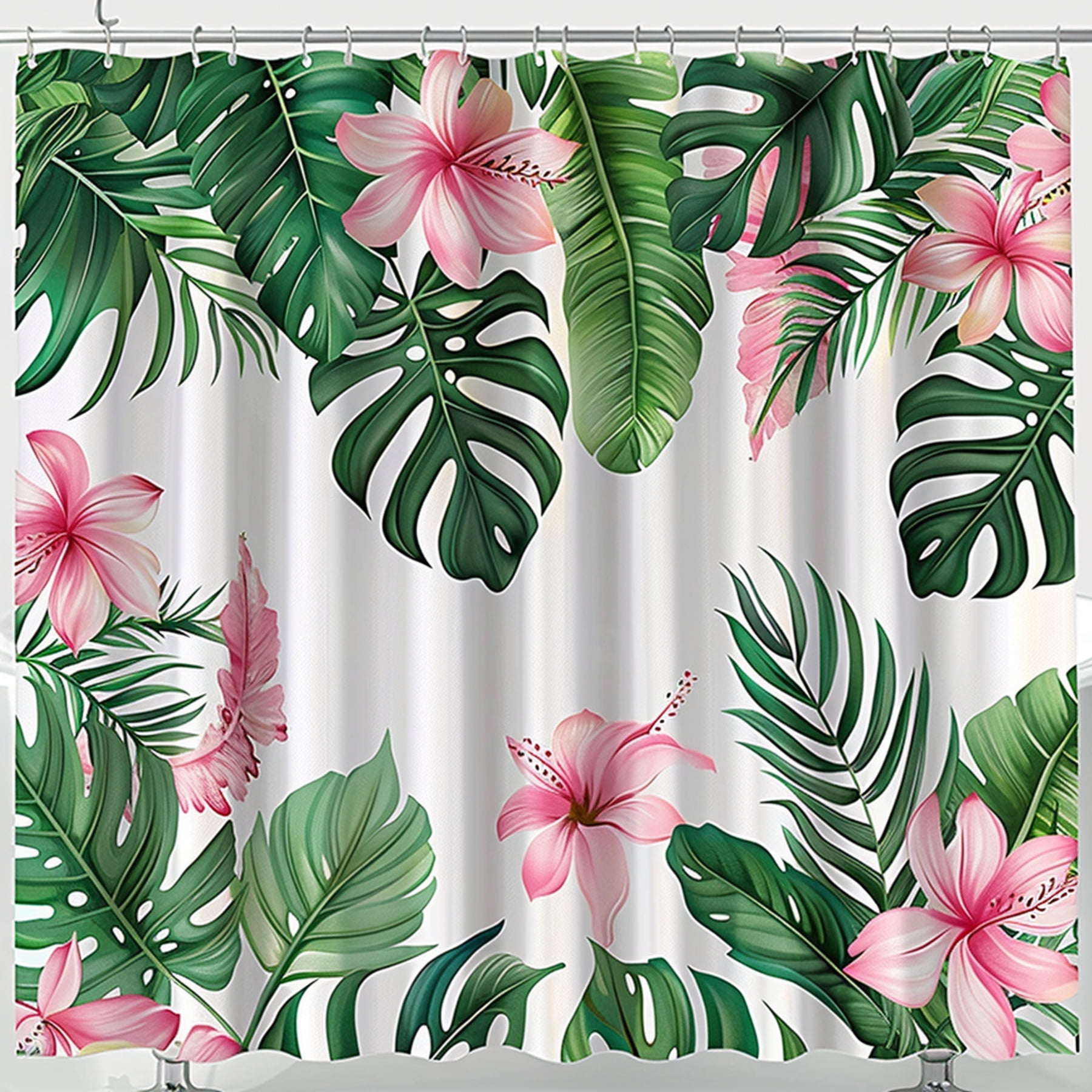 Exotic Tropical Pink Greenery Shower Curtain Set Jungle Floral Design