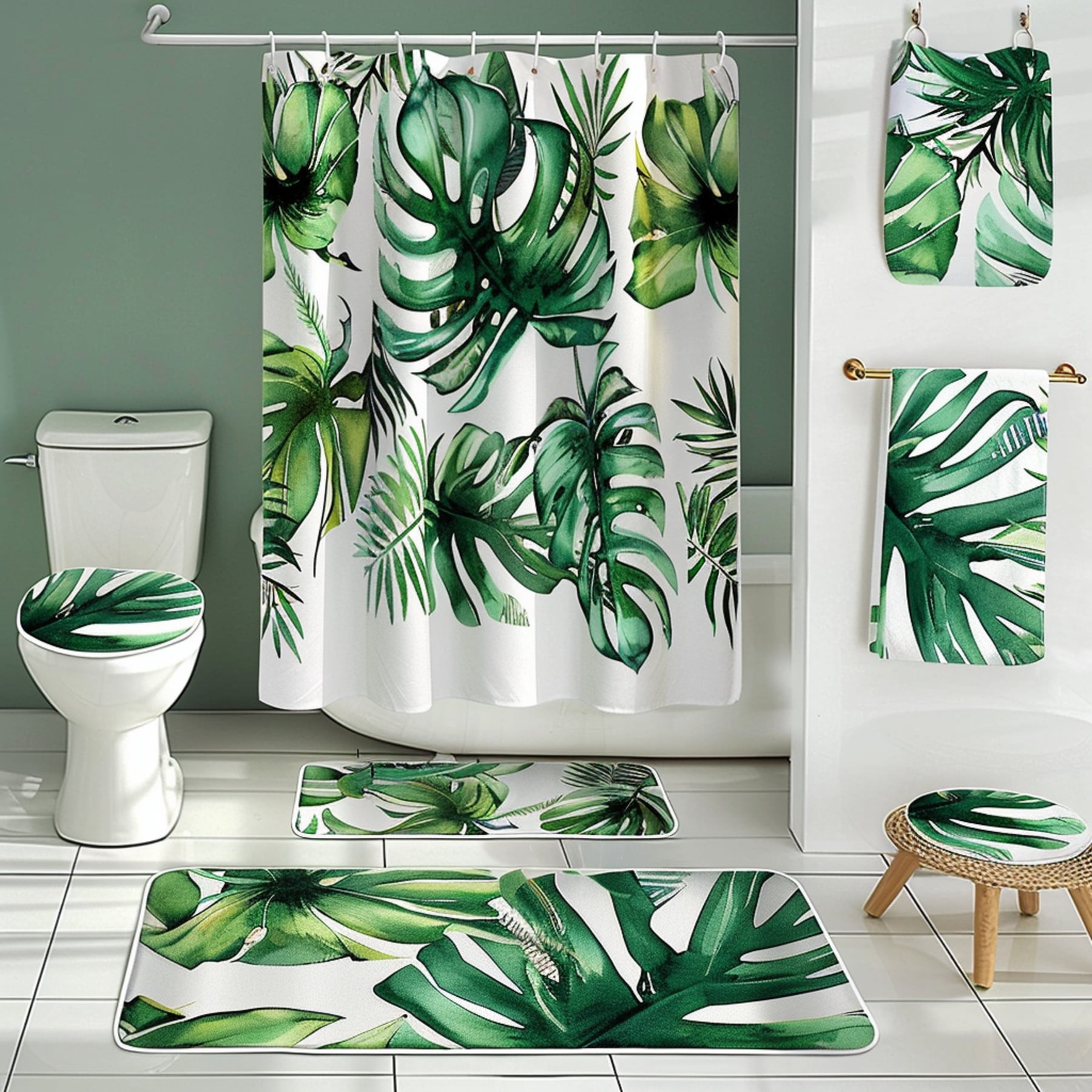 Exotic Tropical Rainforest Bathroom Set Green Leaf Design White