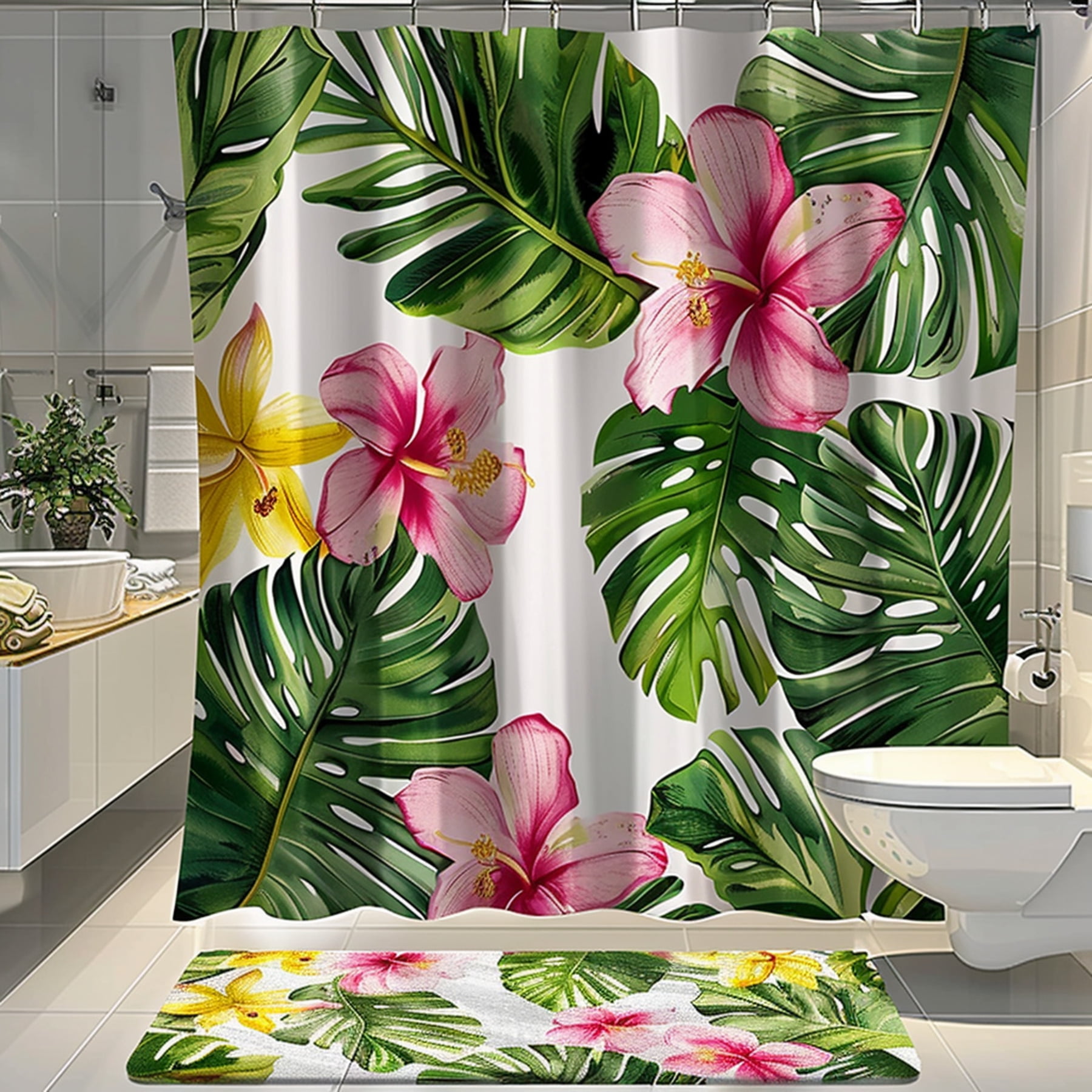 Exotic Tropical Rainforest Bathroom Set White Walls Palm Leaves Pink