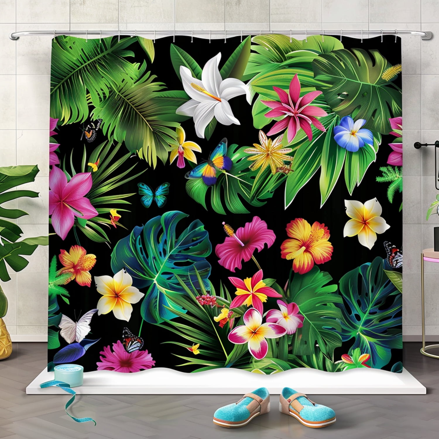 Exotic Tropical Rainforest Floral Shower Curtain Set Vibrant Flowers