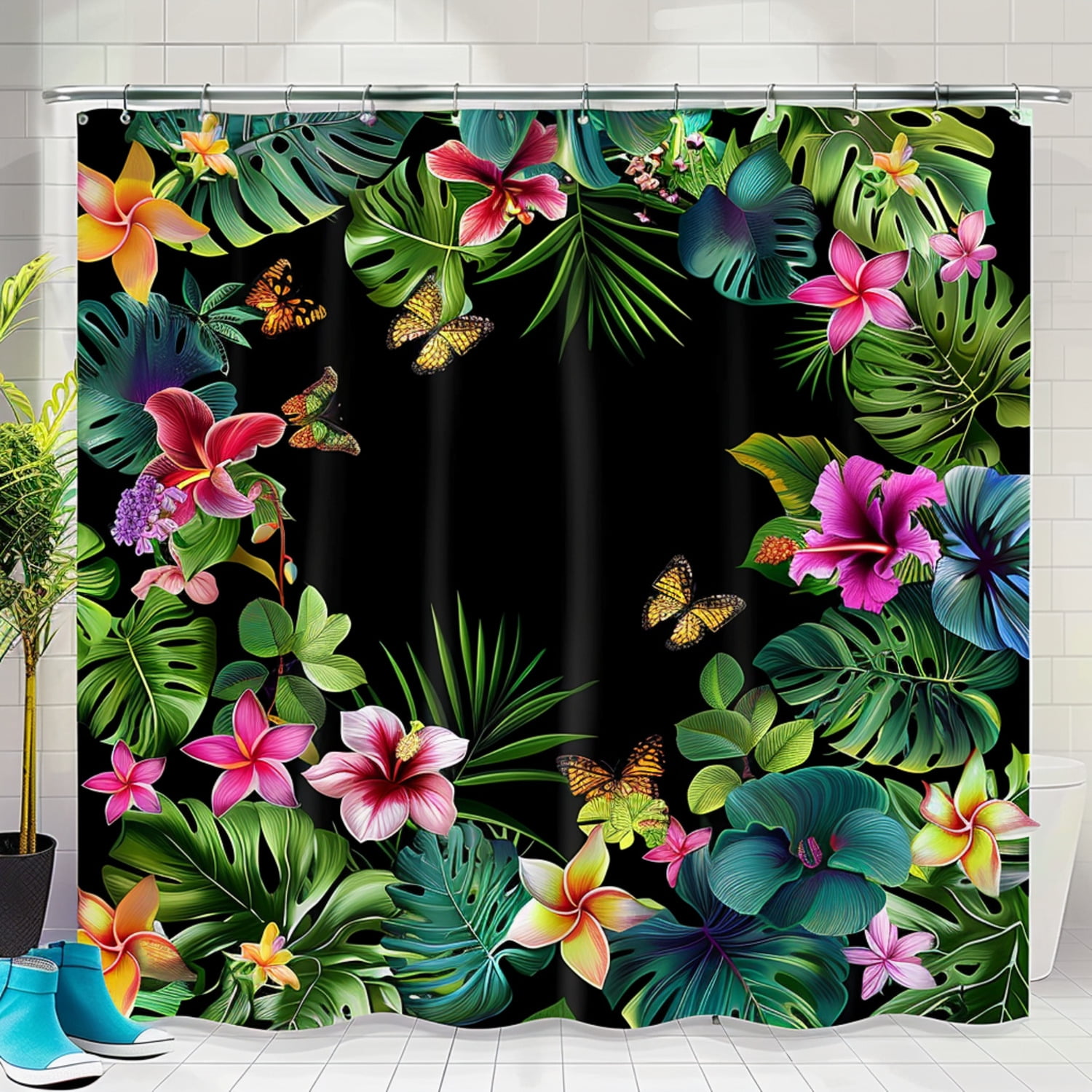Exotic Tropical Rainforest Flowers And Butterflies Shower Curtain Set