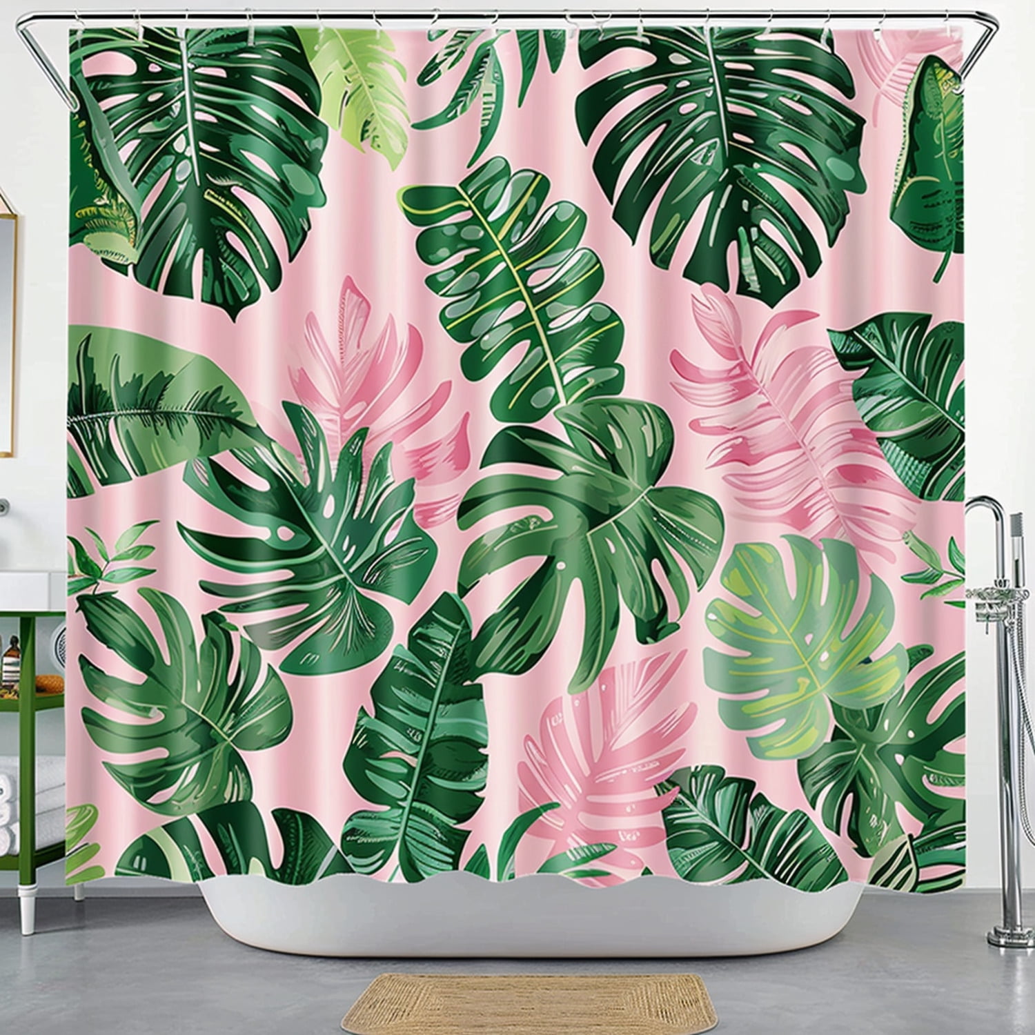 Exotic Tropical Rainforest Leaf Shower Curtain Set Vibrant Pink And