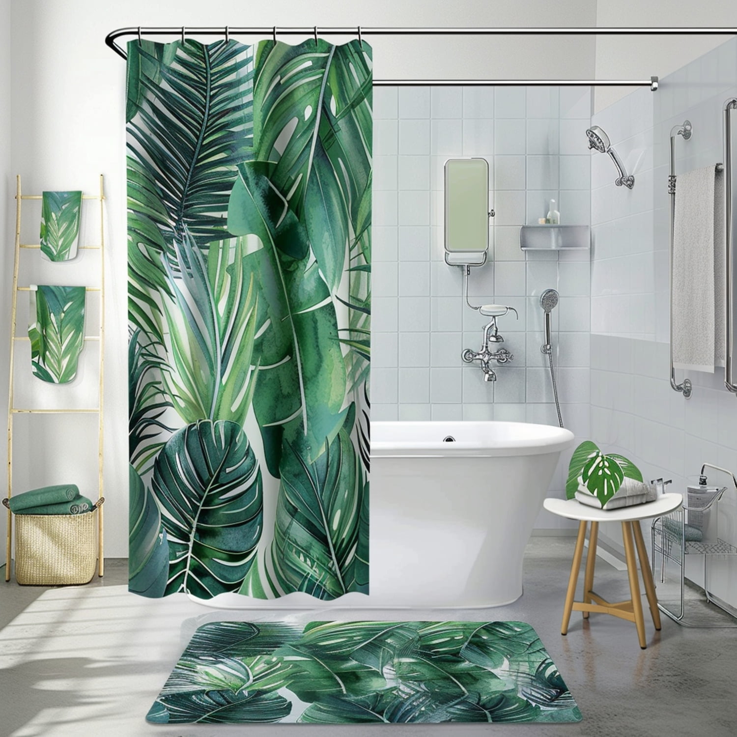 Exotic Tropical Rainforest Leaves Bathroom Set In Green And Blue Tones