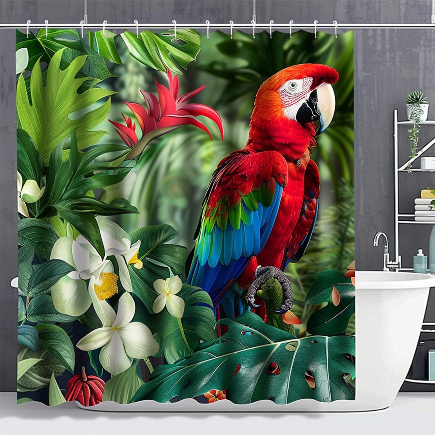 Exotic Tropical Rainforest Macaw Parrot Shower Curtain Bright Colors
