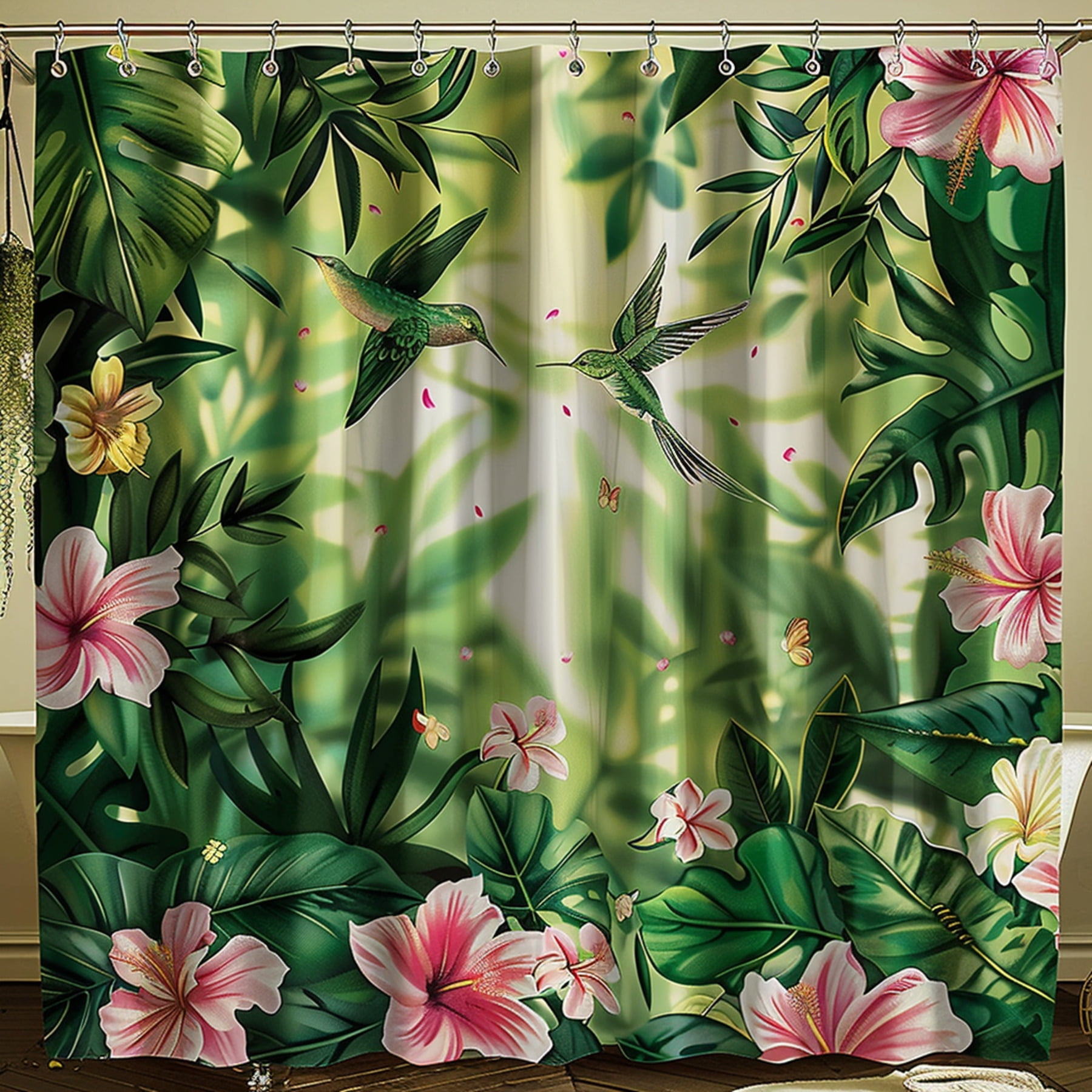 Exotic Tropical Rainforest Shower Curtain Lush Greenery Pink Flowers