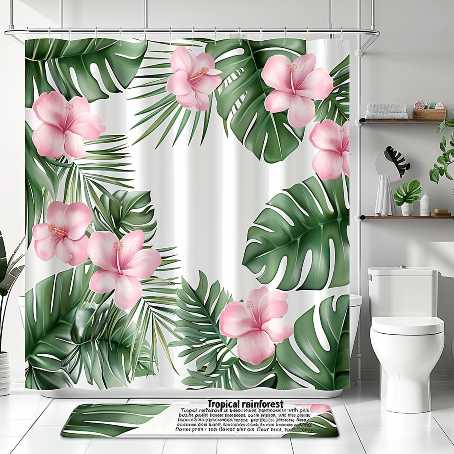 Exotic Tropical Rainforest Shower Curtain Pink Flowers Palm Tree