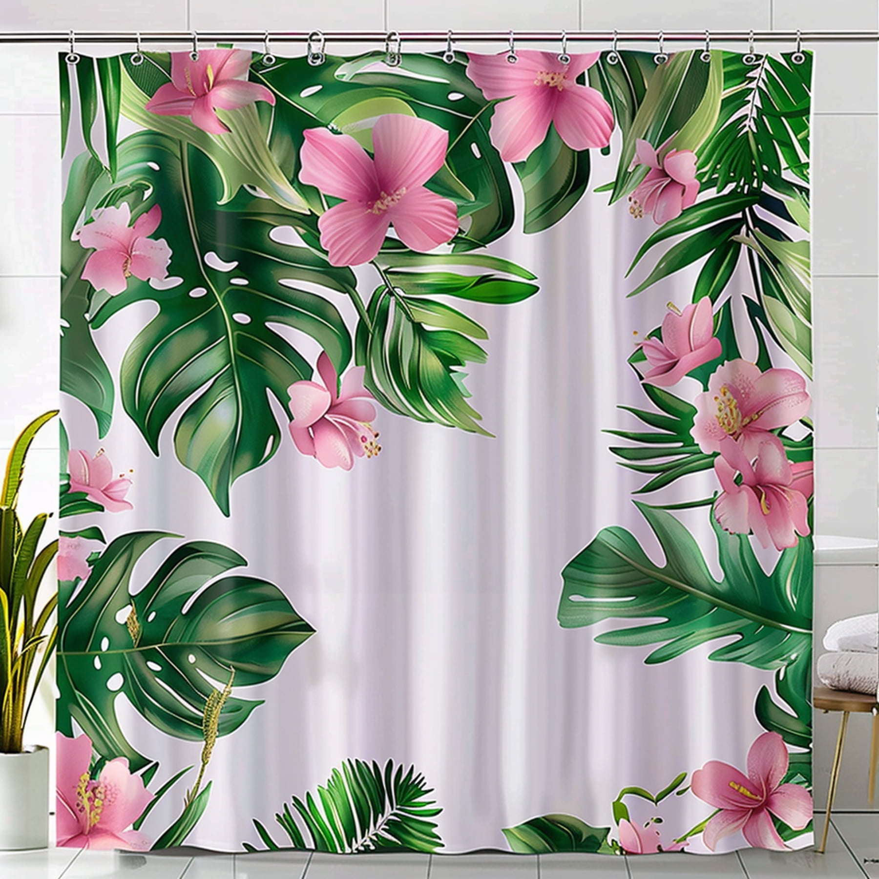 Exotic Tropical Rainforest Shower Curtain Pink And Green Leaves And