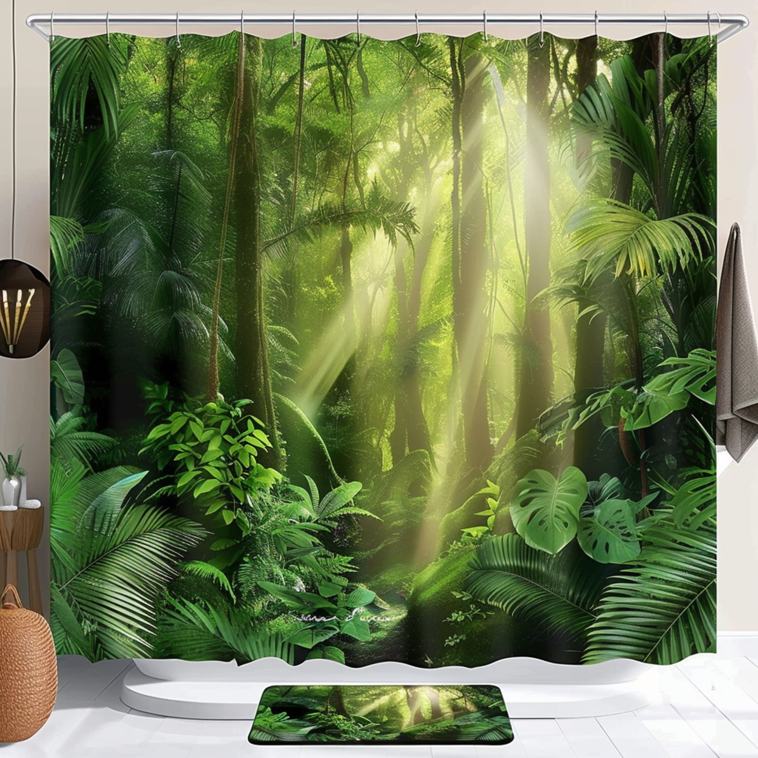 Exotic Tropical Rainforest Shower Curtain Set Lush Green Trees Sunlight