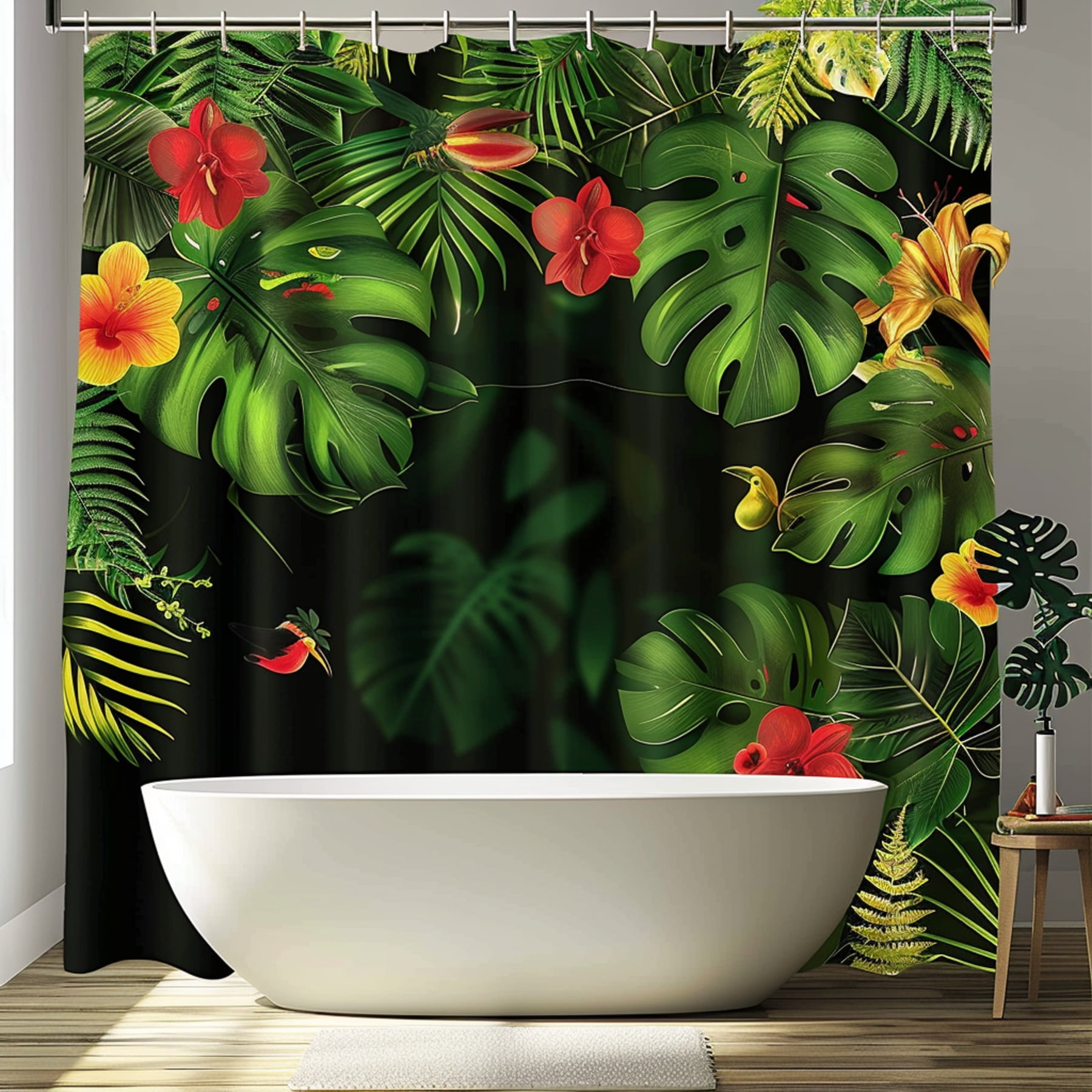 Exotic Tropical Rainforest Shower Curtain Vibrant Green Leaves And