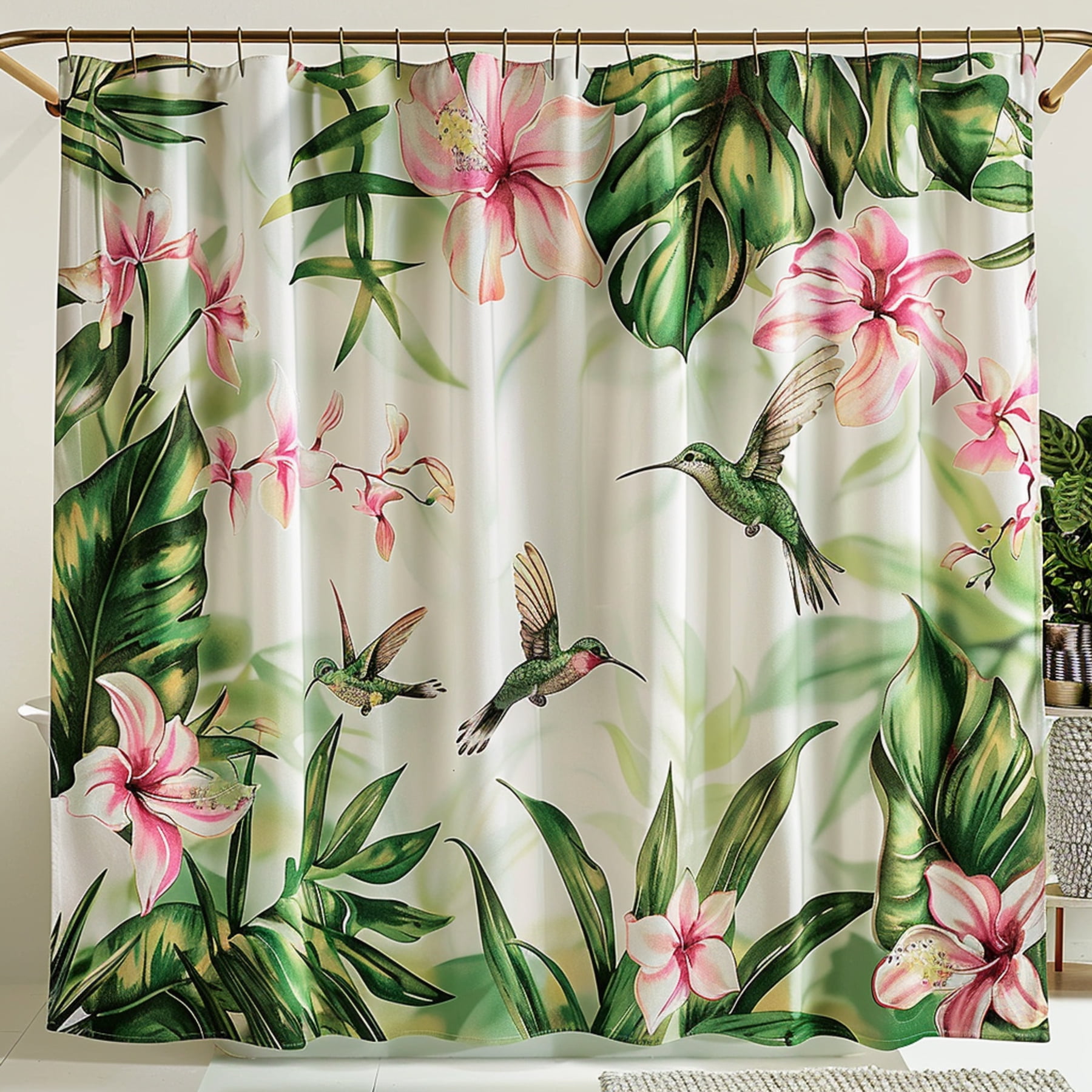 Exotic Tropical Rainforest Shower Curtain Vibrant Hummingbirds Pink