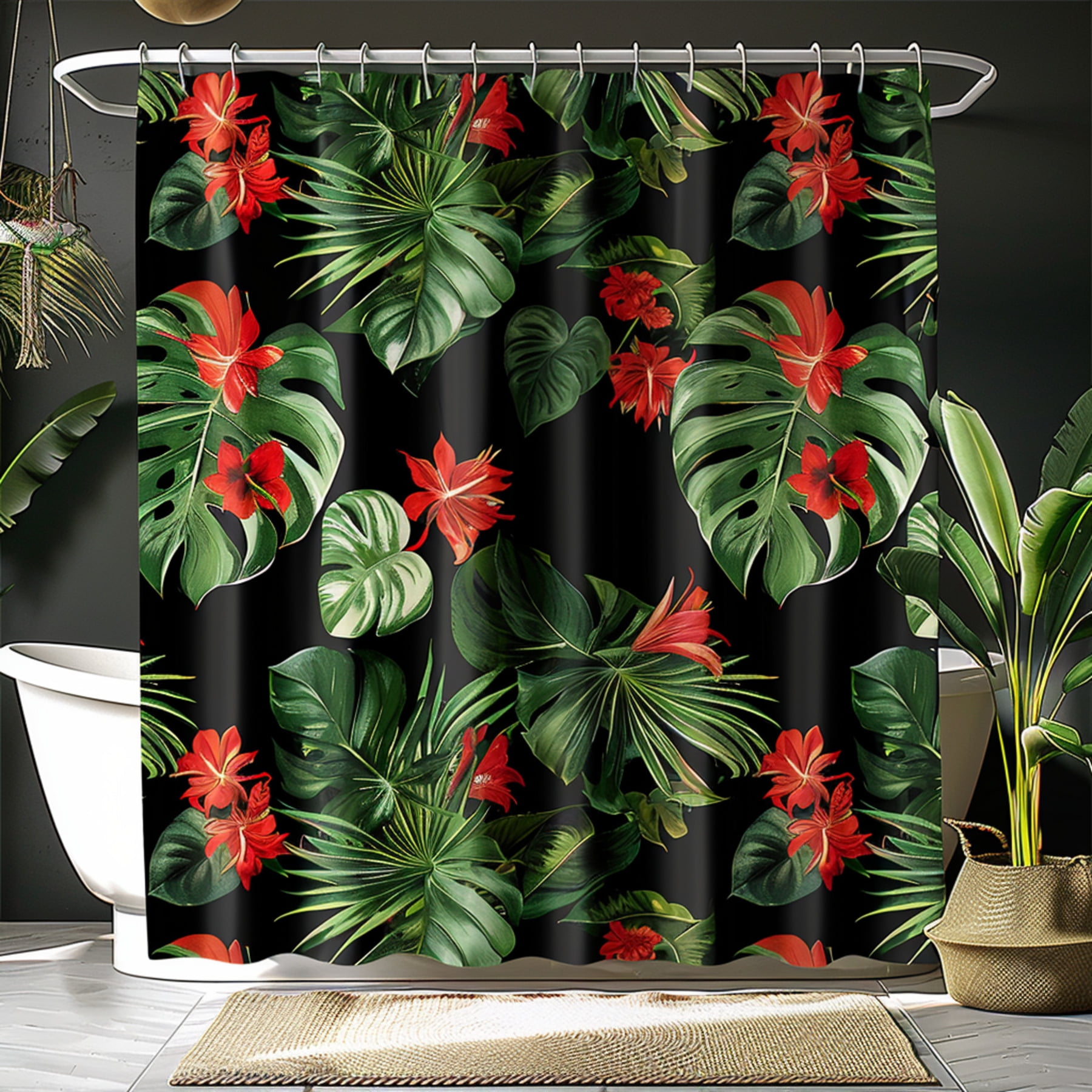 Exotic Tropical Rainforest Shower Curtain Vibrant Red Flowers Lush