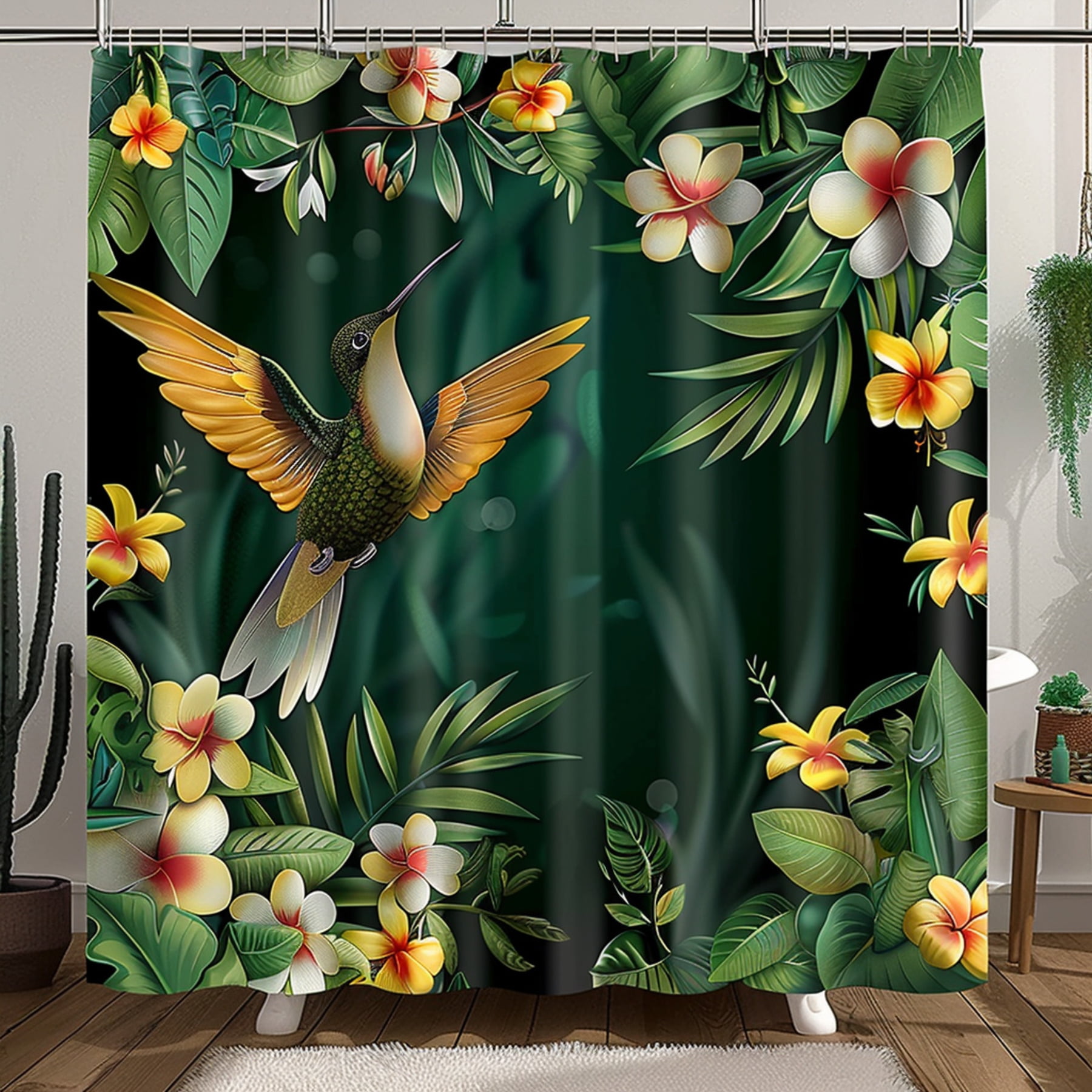 Exotic Tropical Rainforest Shower Curtain with Dark Green Background ...