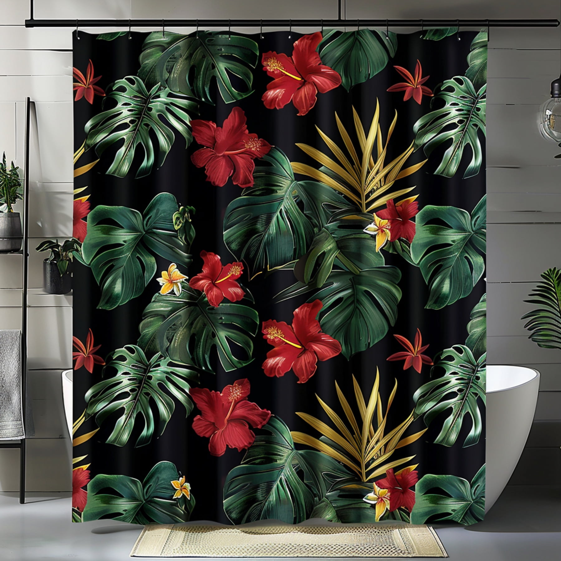 Exotic Tropical Rainforest Shower Curtain With Hibiscus And Monstera