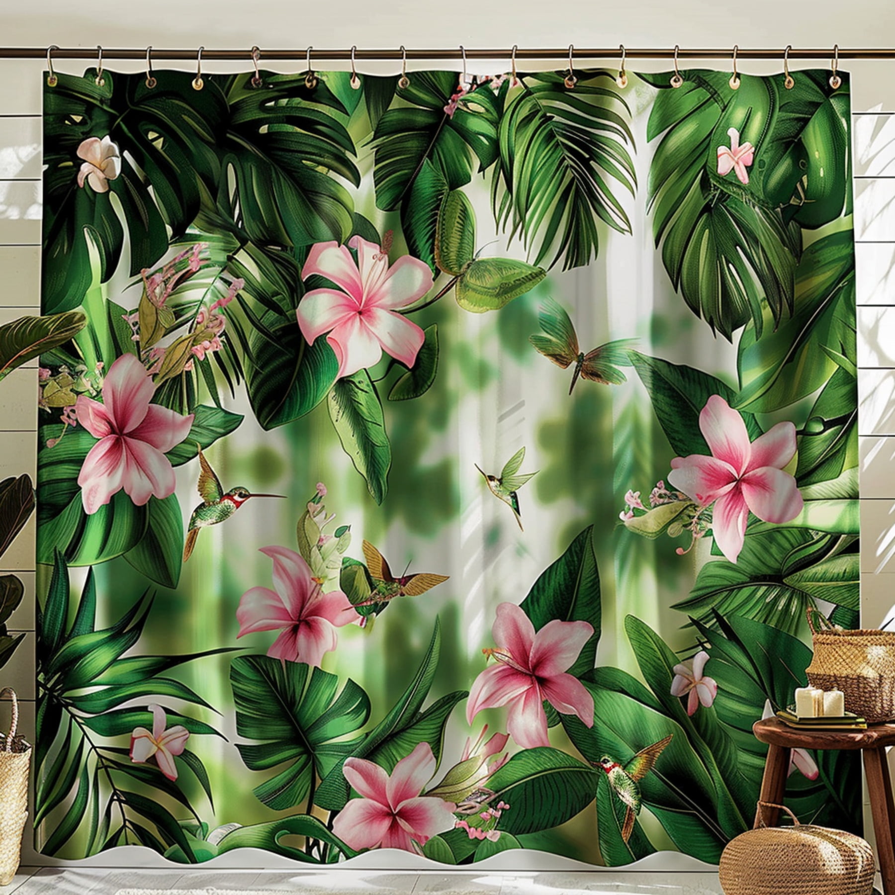 Exotic Tropical Rainforest Shower Curtain With Lush Green Leaves Pink