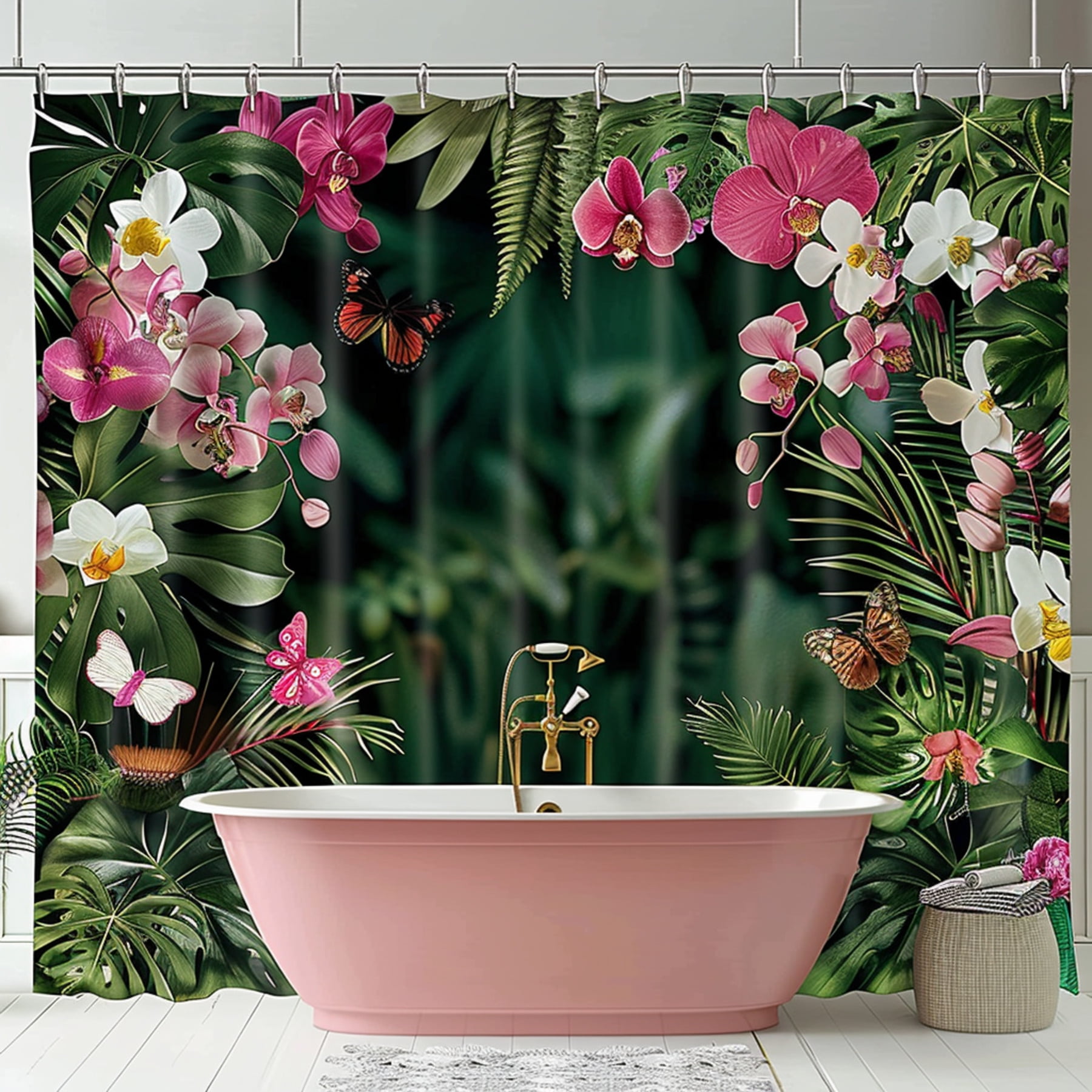 Exotic Tropical Rainforest Shower Curtain With Palm Leaves And Orchids